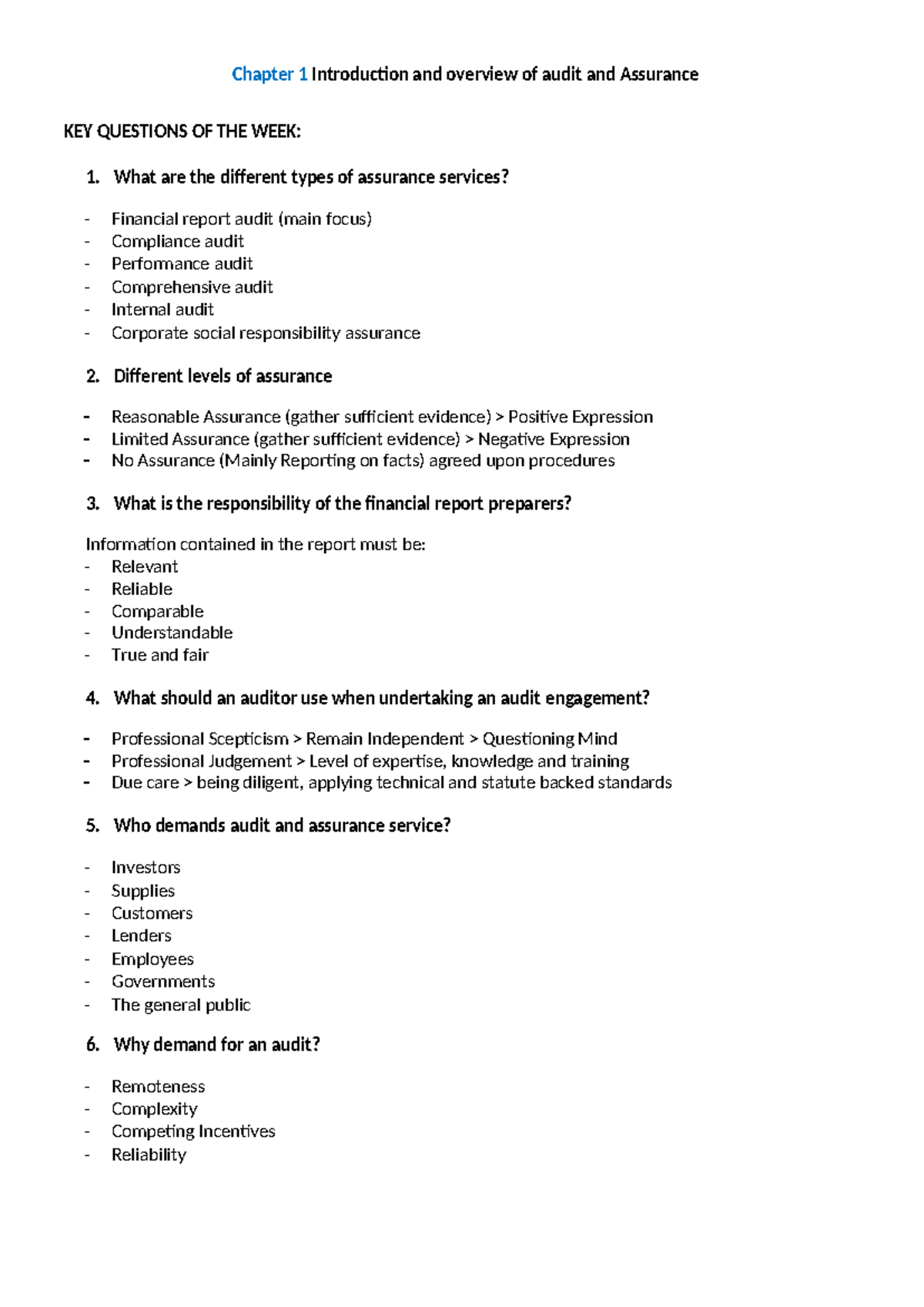 Chapter 1 Audit & Assurance Overview: Key Questions - Studocu