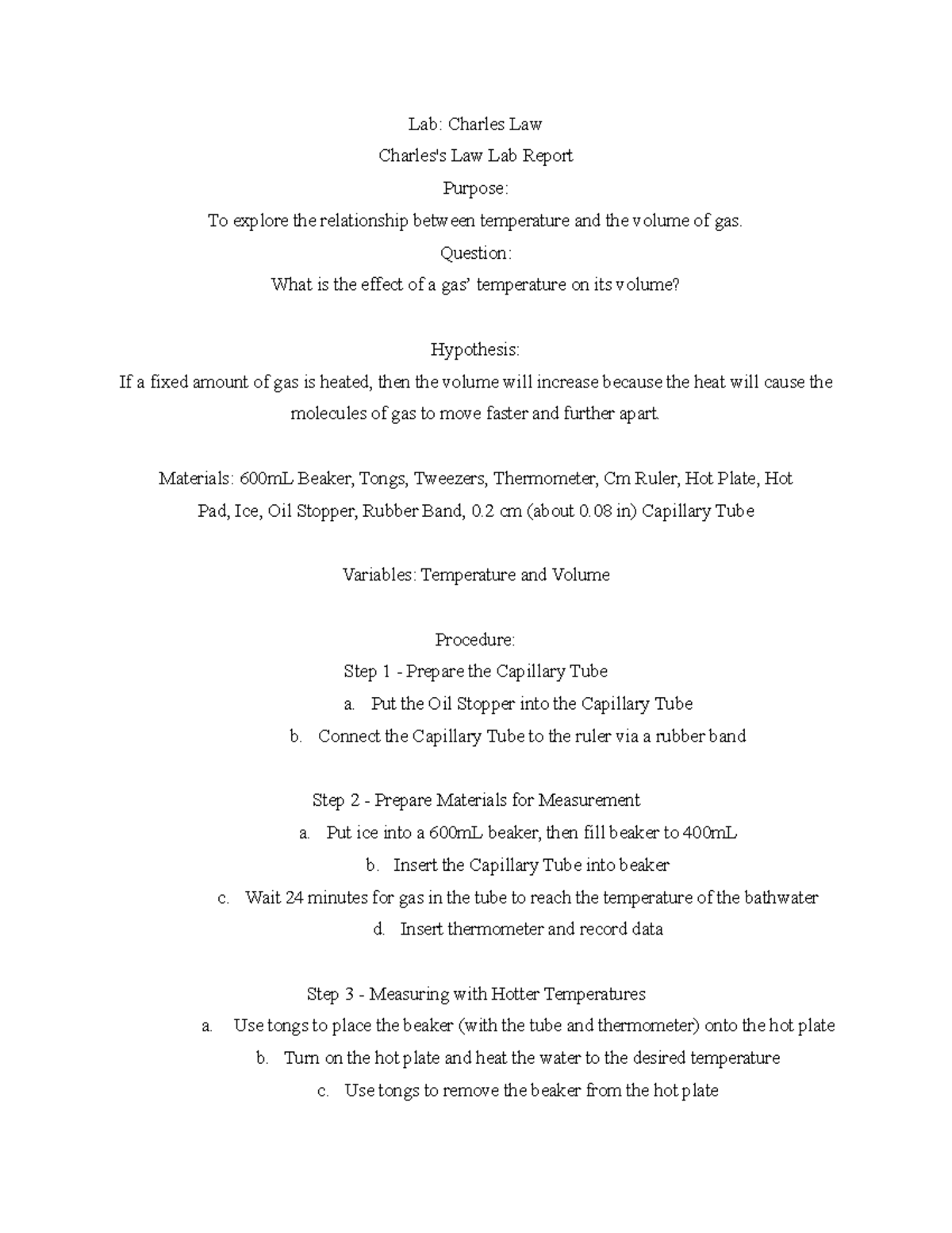 Lab Report: Charles Law Experiment - Temperature vs. Volume ...