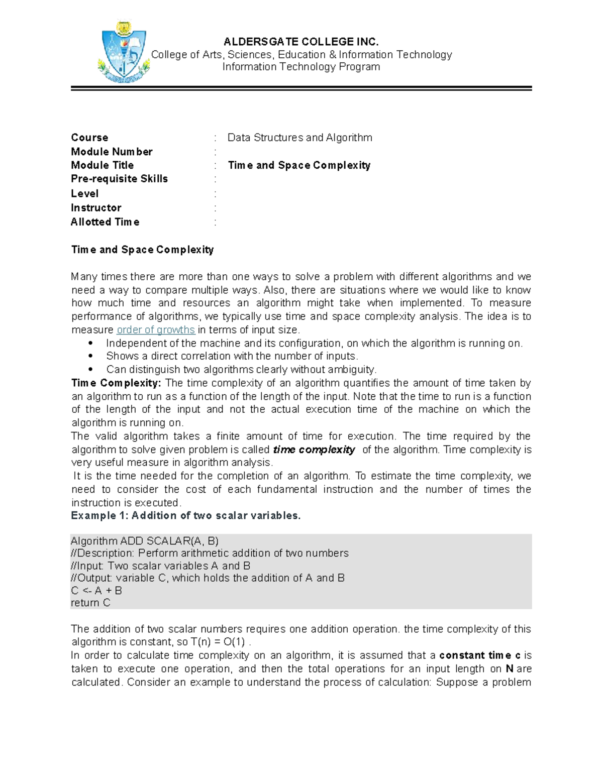 Data Structures and Algorithms (IT 101) - Time and Space Complexity ...