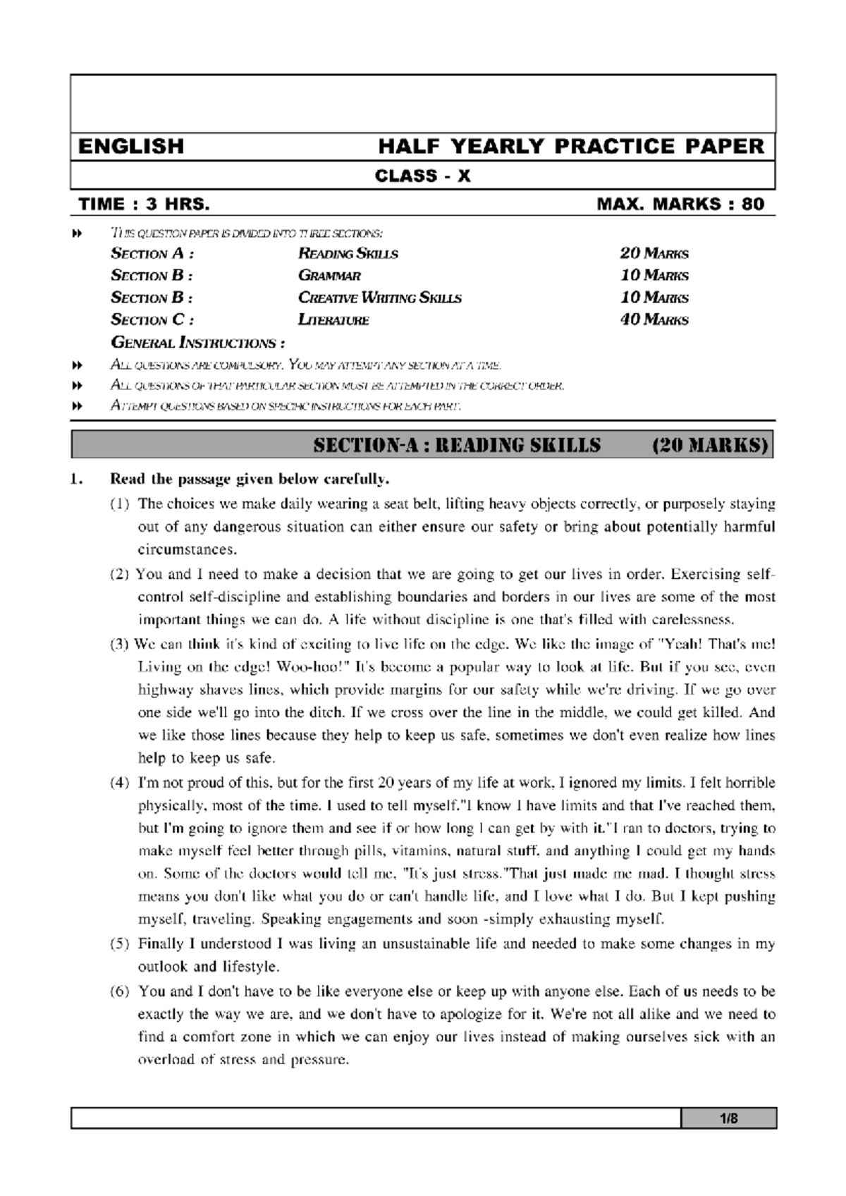 ENGLISH HALF YEARLY PRACTICE PAPER CLASS X - 3 HRS, 80 MARKS - Studocu
