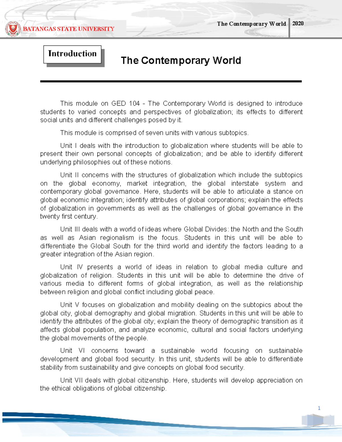 GED 104: Final Module on The Contemporary World for First Year Students ...