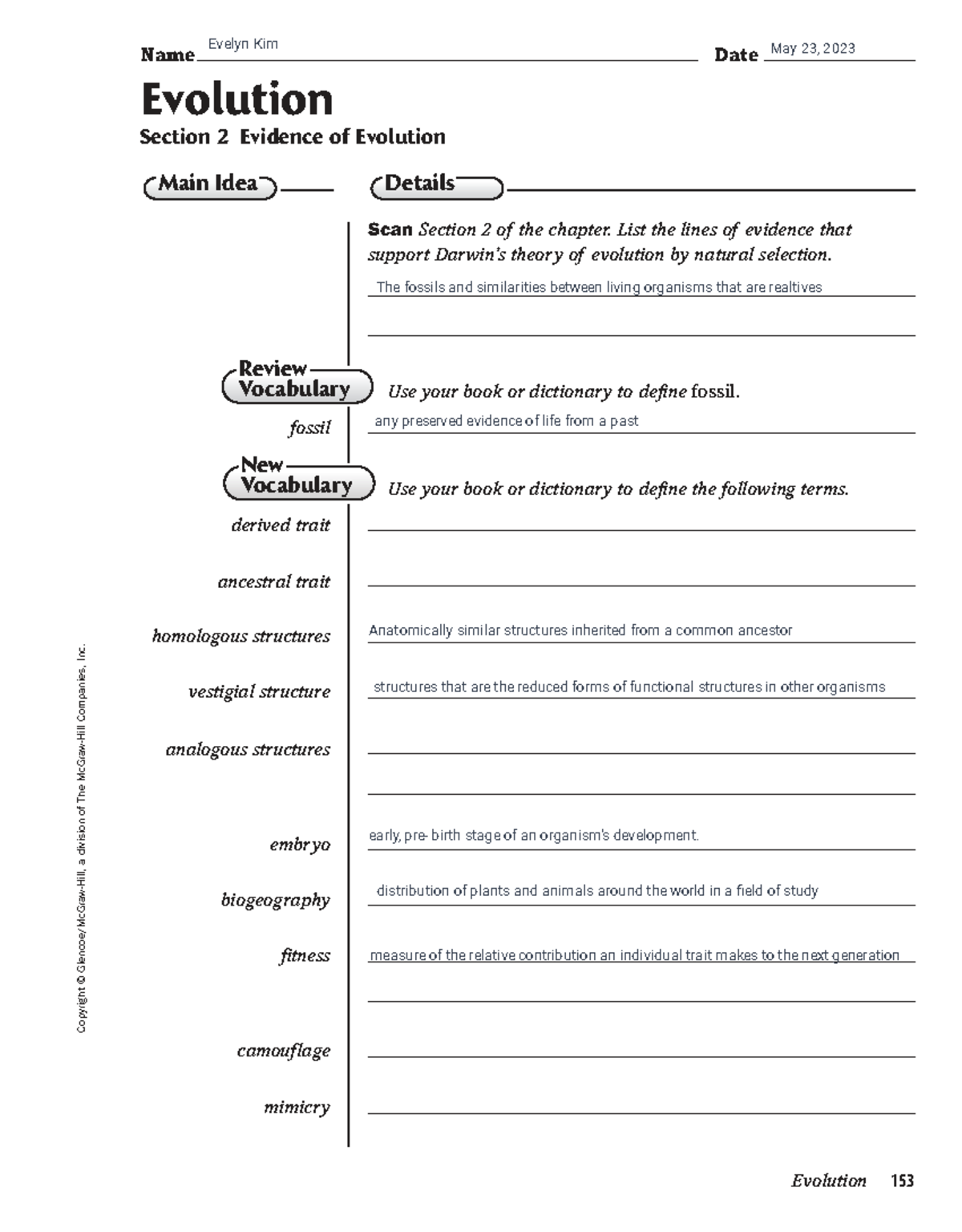 Evolution Section 2: Evidence of Evolution - Key Concepts and ...