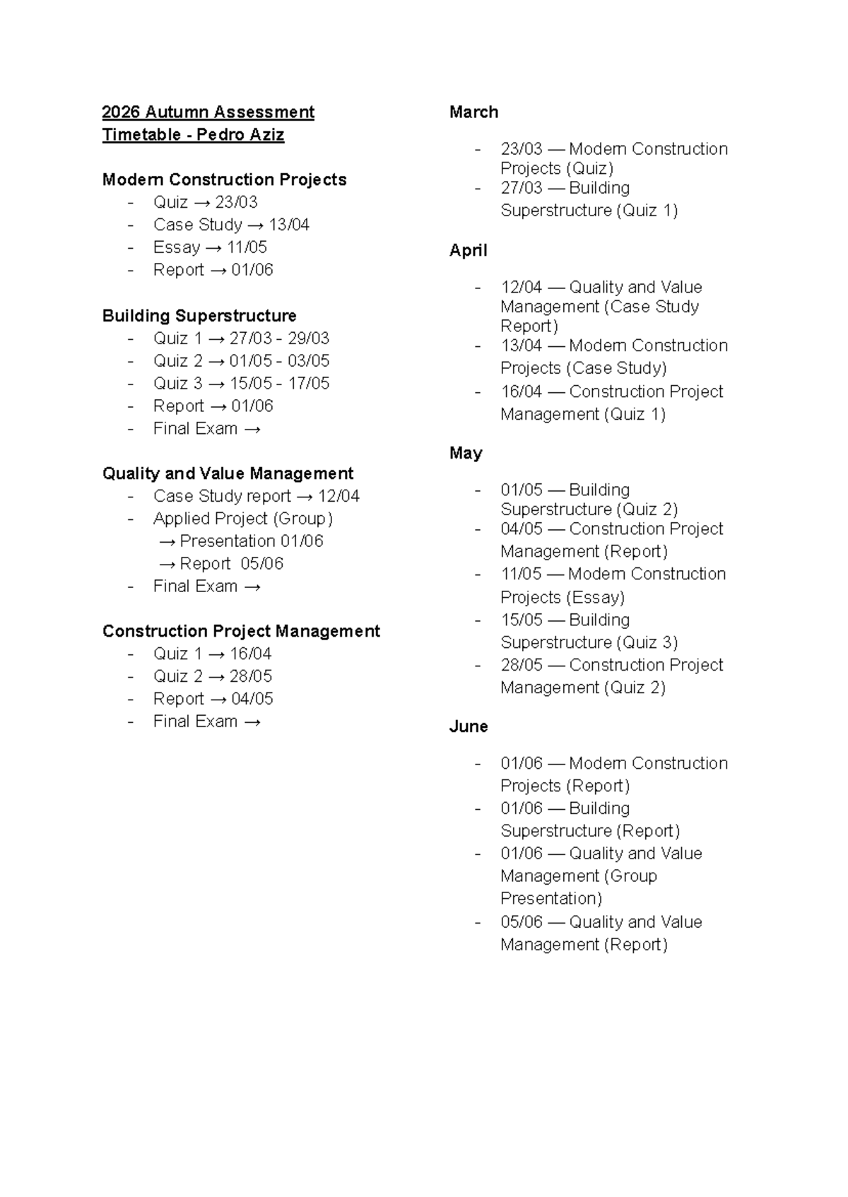 2026 Autumn Assessment Timetable for Modern Construction Projects - Studocu