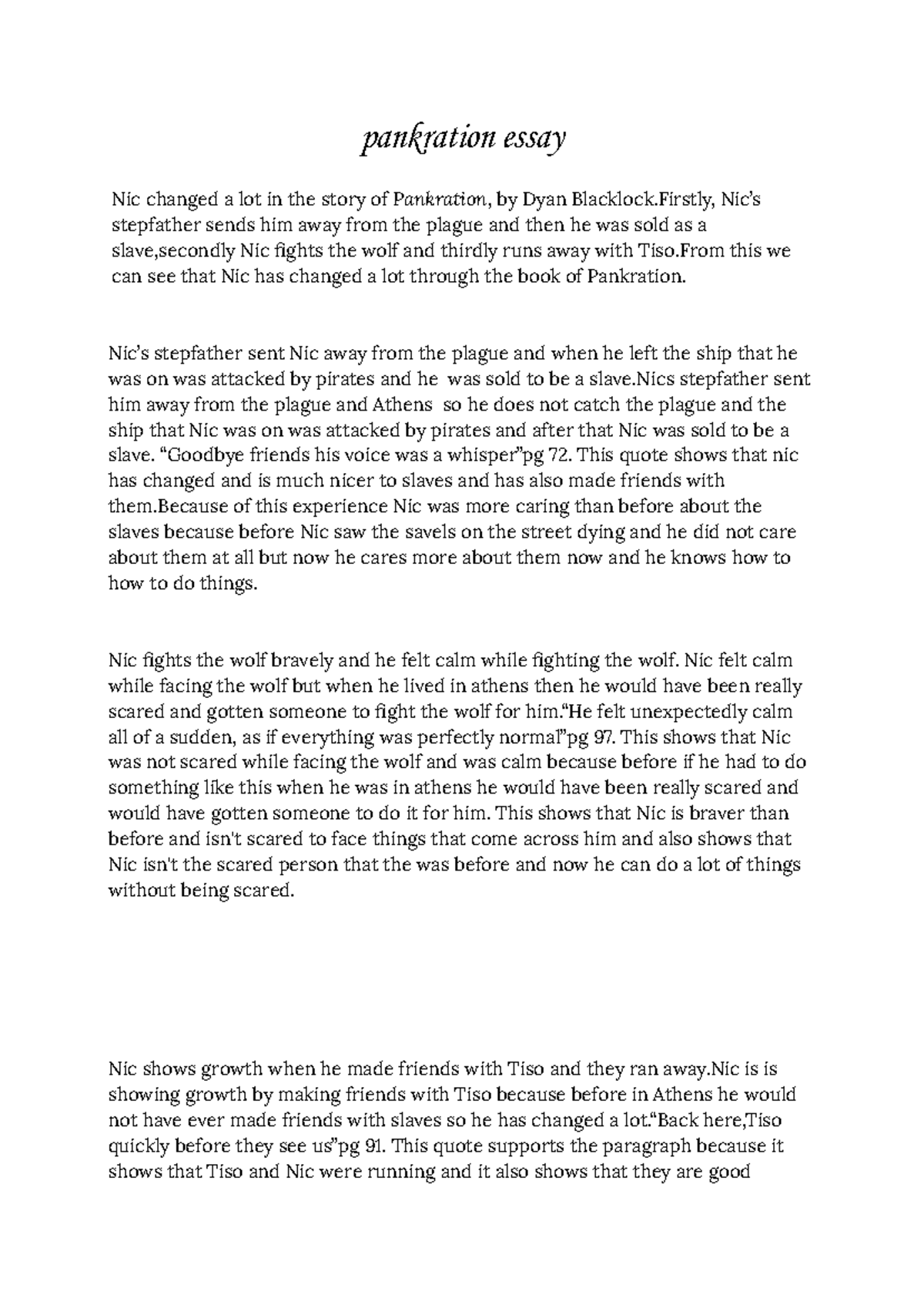 Pankration Essay: Character Growth of Nic in Dyan Blacklock's Novel ...
