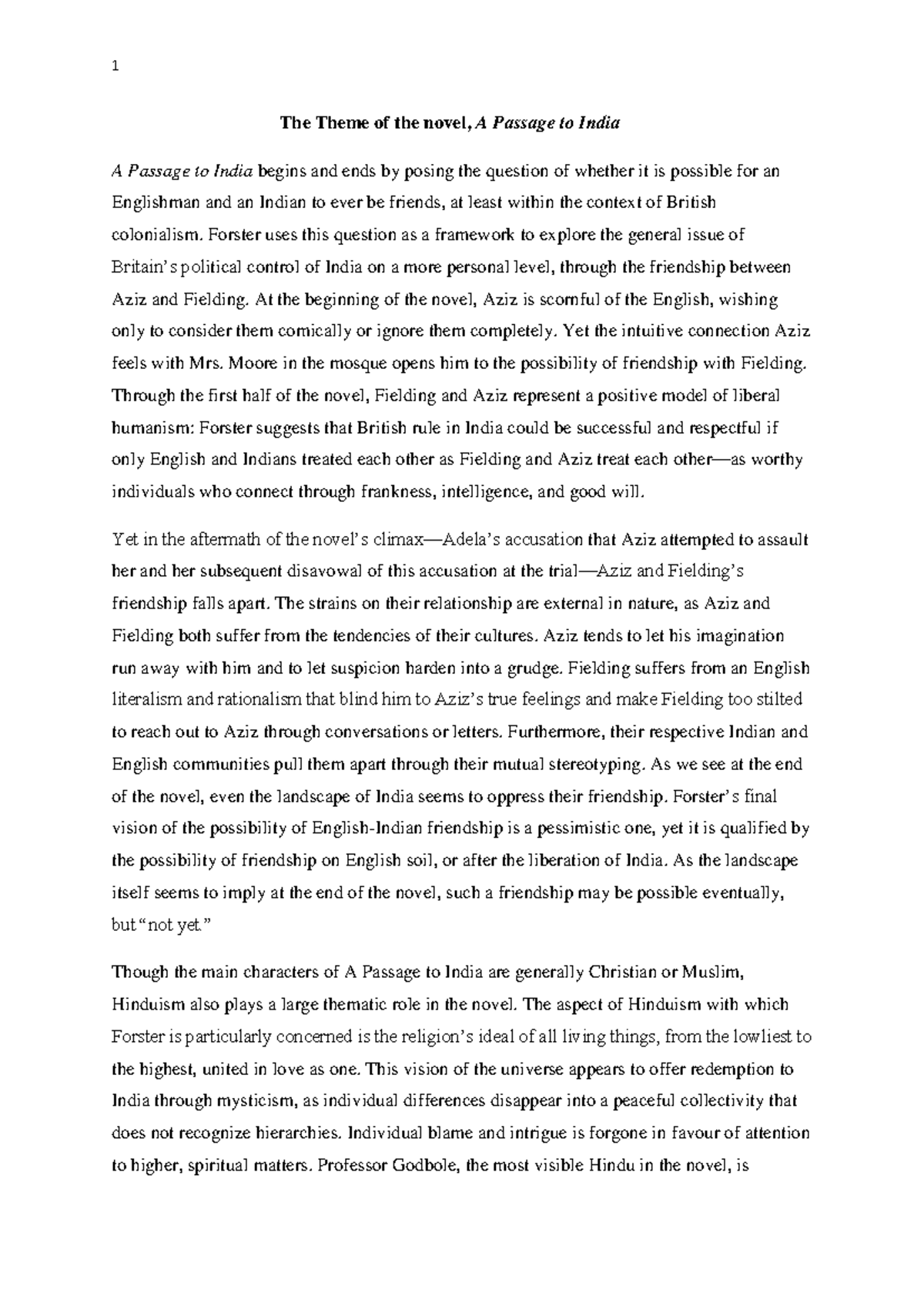 Thematic Analysis of A Passage to India: Exploring Friendship and ...