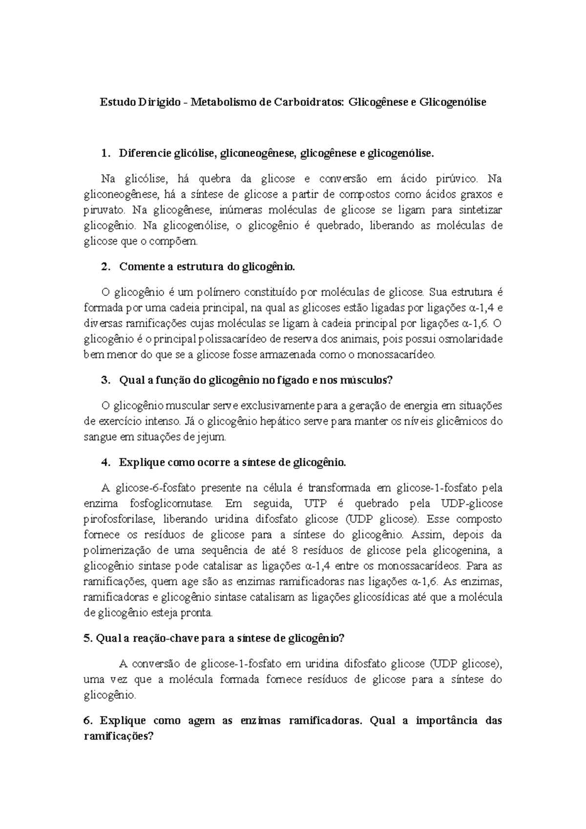 Estudo dirigido 3 - glicogenese e glicogenolise - Estudo Dirigido ...