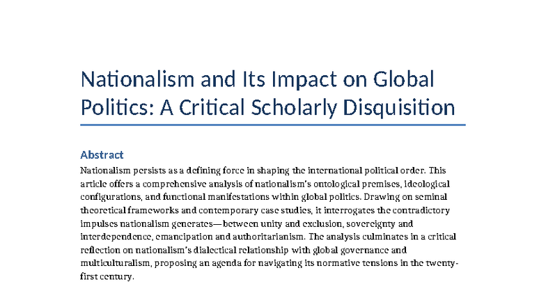 Nationalism and Its Role in Global Politics: A Critical Analysis - Studocu