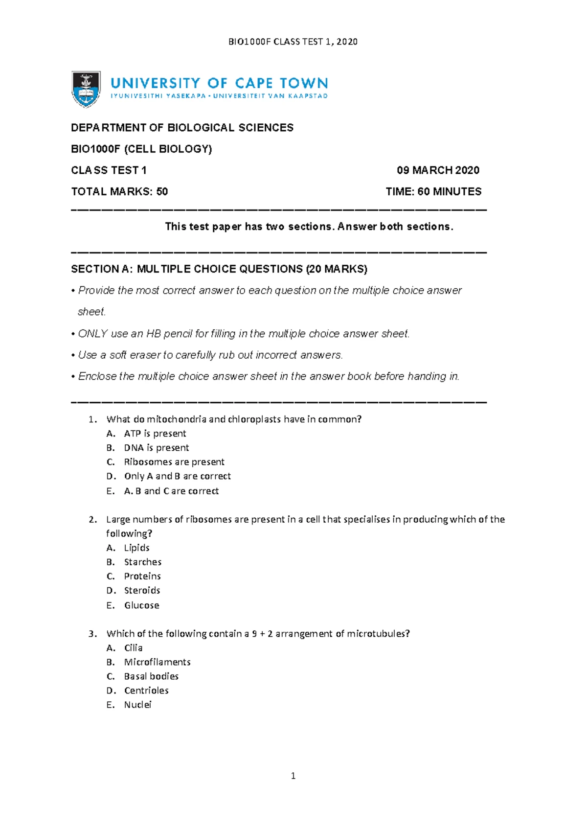 BIO1000F Practical Test Memo June 2021 - Detailed Solutions - Studocu