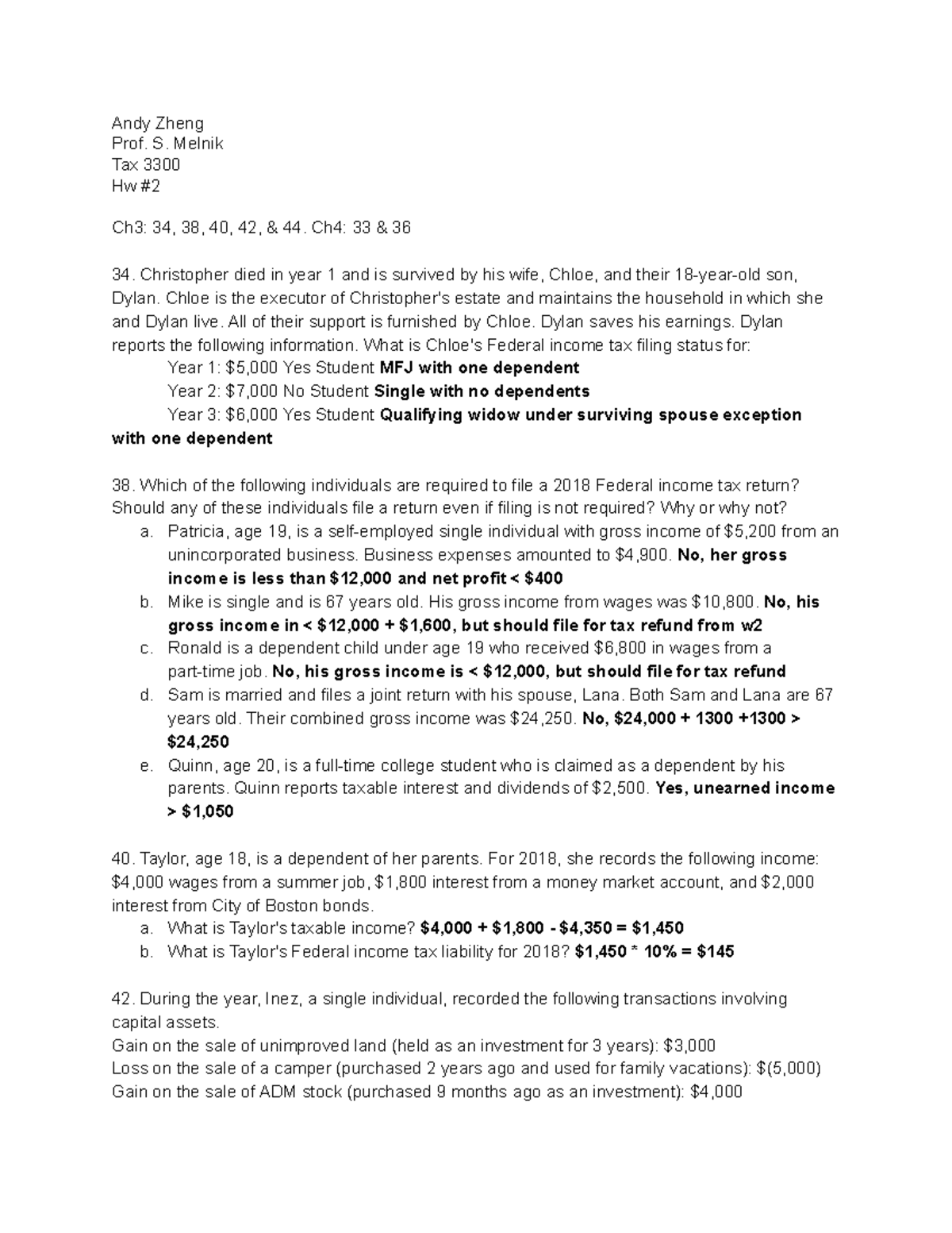 Taxation HW 2 - homework - Andy Zheng Prof. S. Melnik Tax 3300 Hw # Ch3 ...