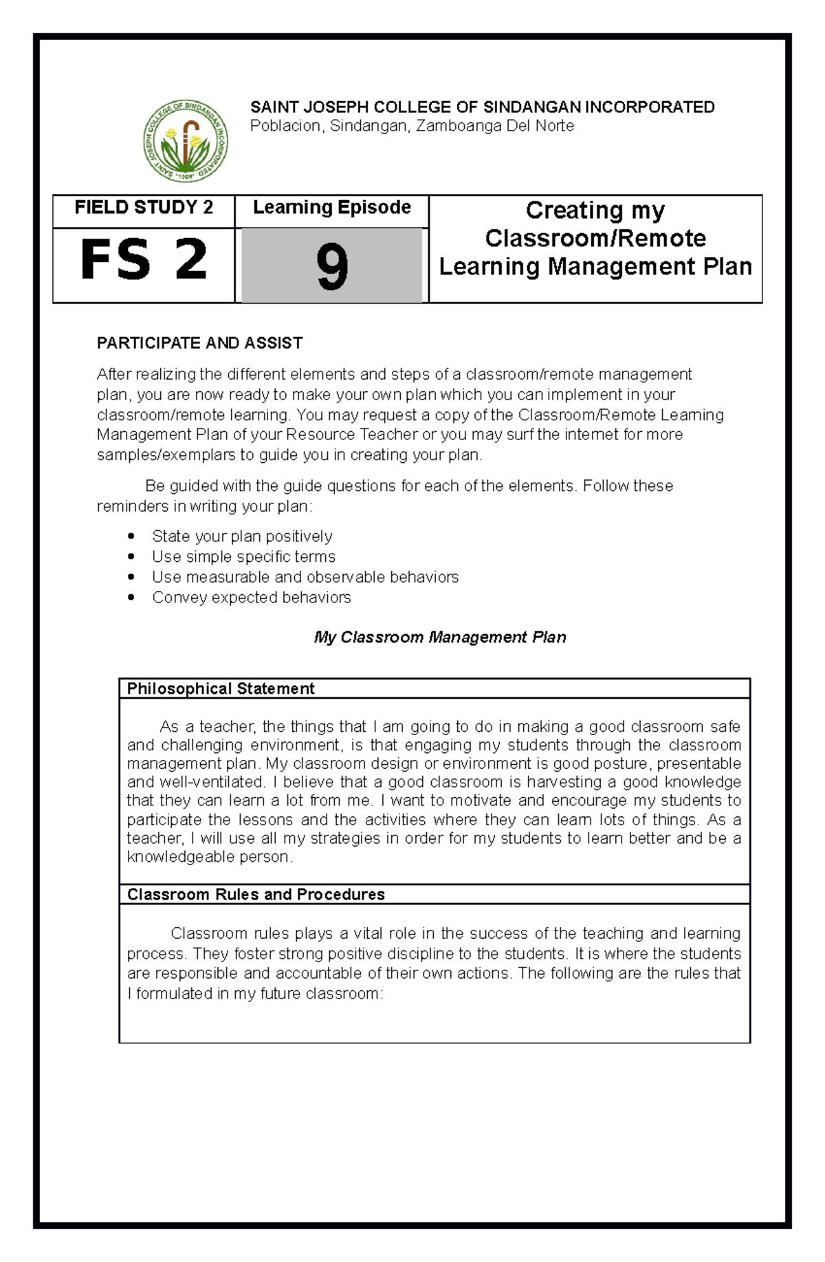 FS2- Episode 9 - Final Classroom Management Plan - bsed - Studocu