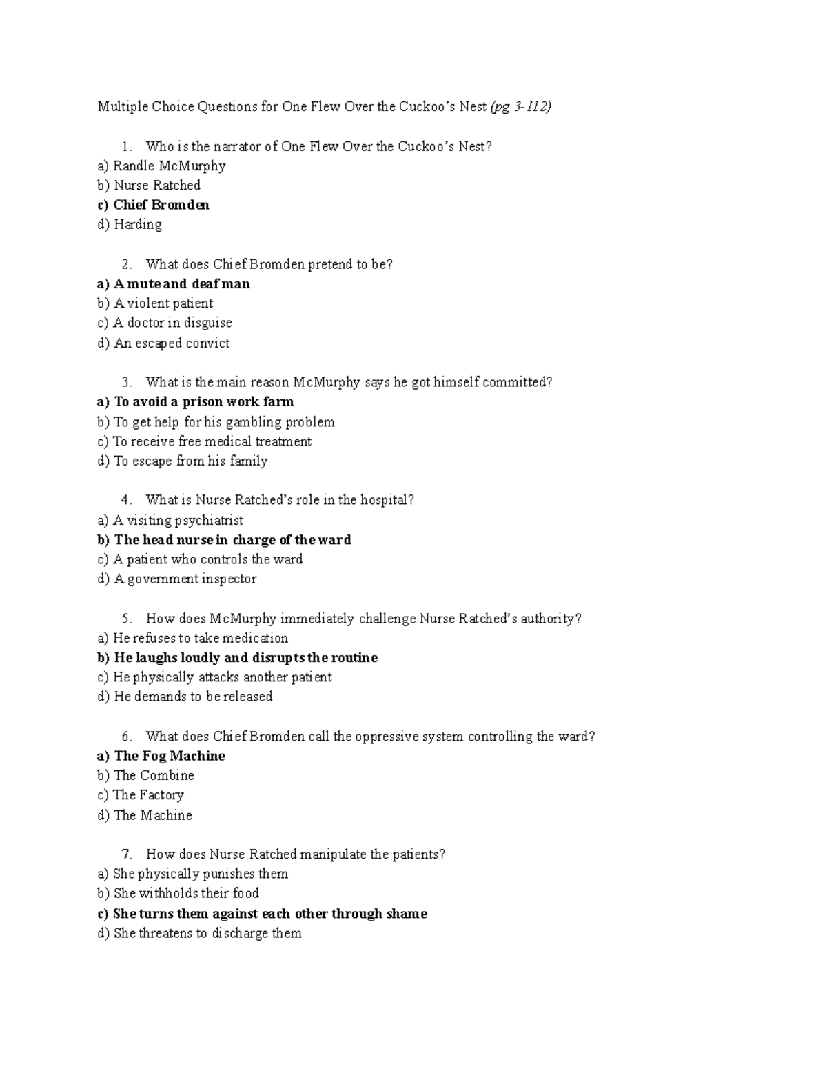 Xavier Rodriguez - Part 1 multiple choice Cuckoos Nest - Multiple ...
