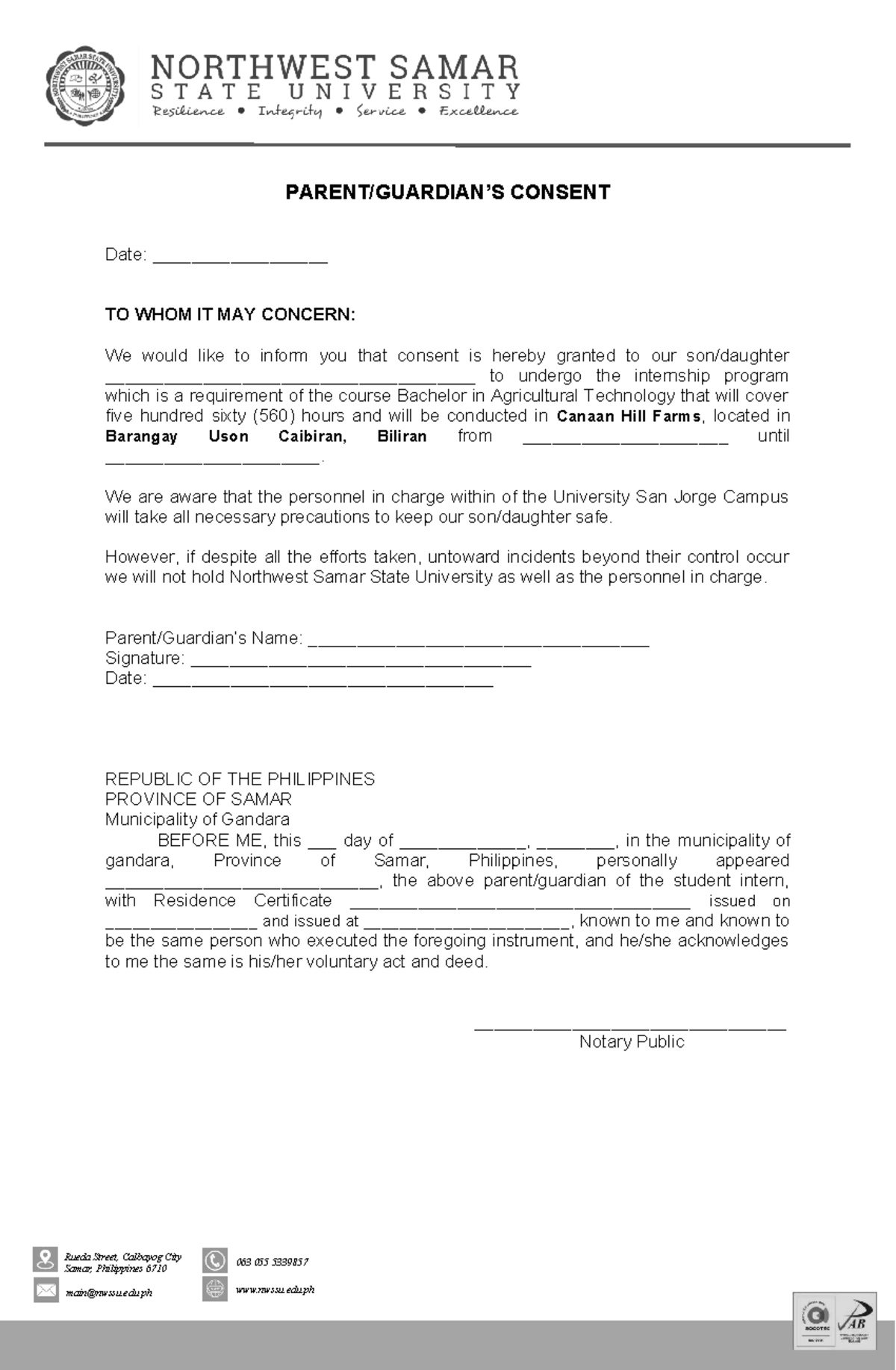 Parental Consent for Internship Program - Bachelor in Agr. Tech - Studocu