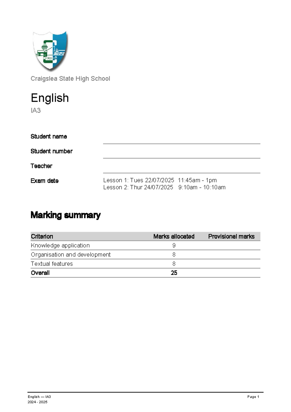 2025 Yr 12 English IA3 Imaginative Written Response Task Sheet - Studocu