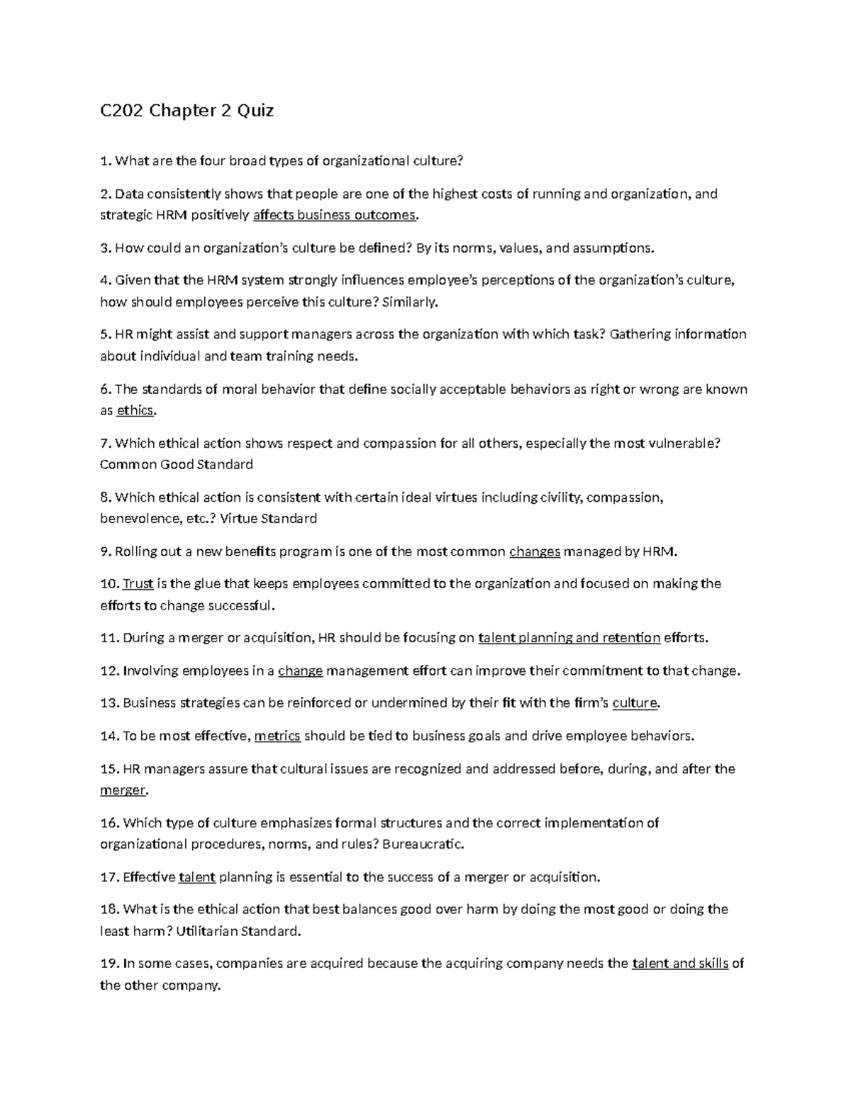 C202 Chapter 2 Quiz: Organizational Culture & HRM Insights - Studocu