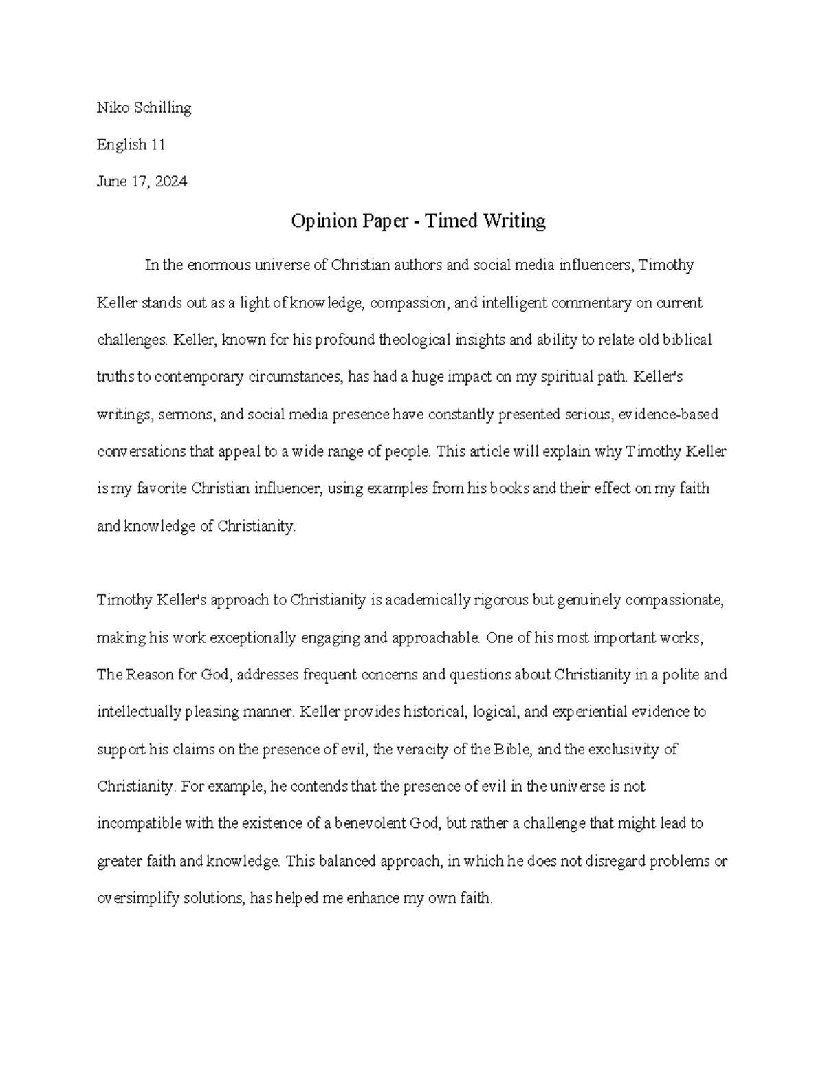Opinion Paper - Timed Writing on Timothy Keller (ENG 11) - Studocu