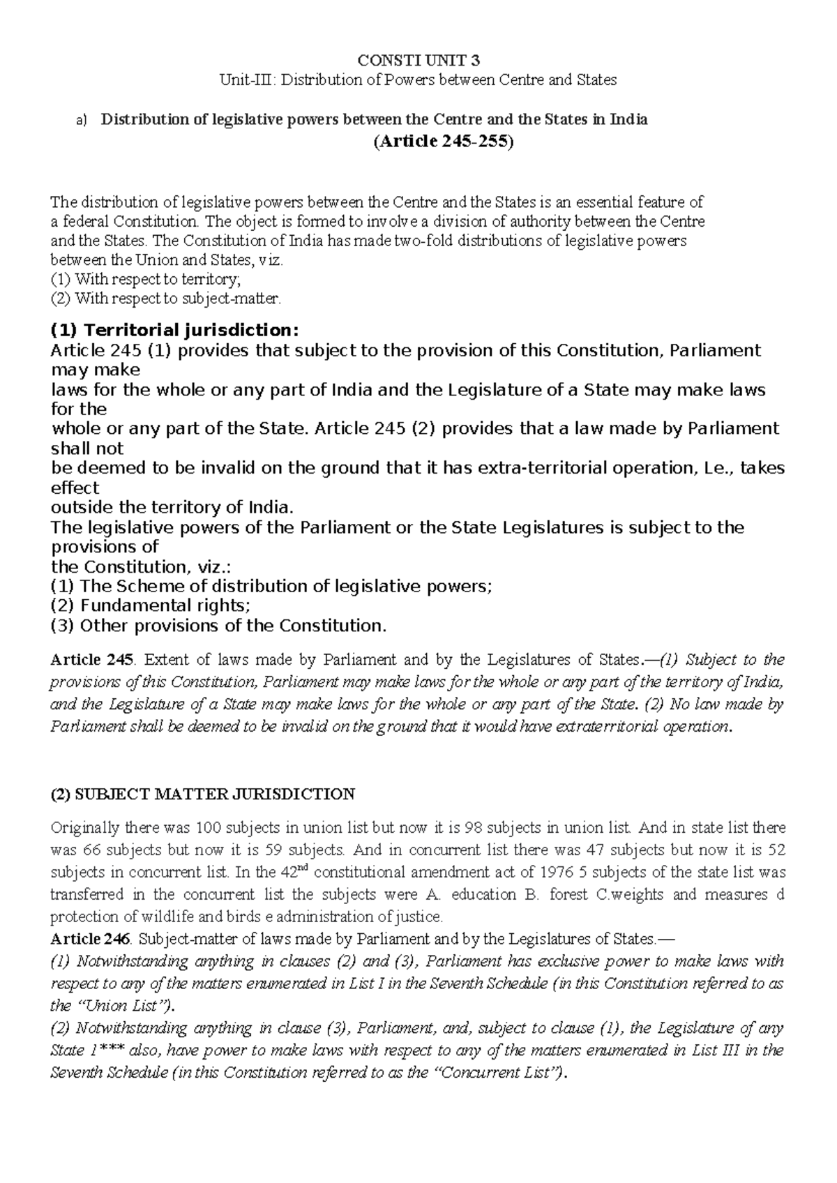 CONSTI UNIT 3: Distribution of Legislative Powers in India - Studocu