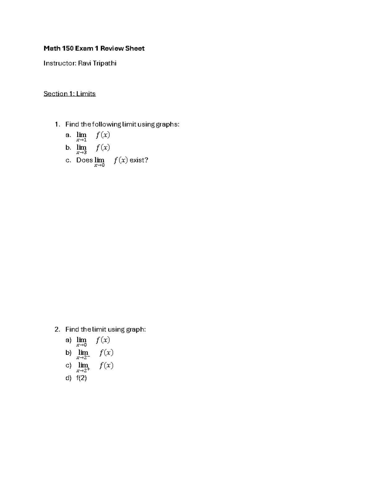 Math 150 Final Exam Review: Limits and Continuity Techniques - Studocu