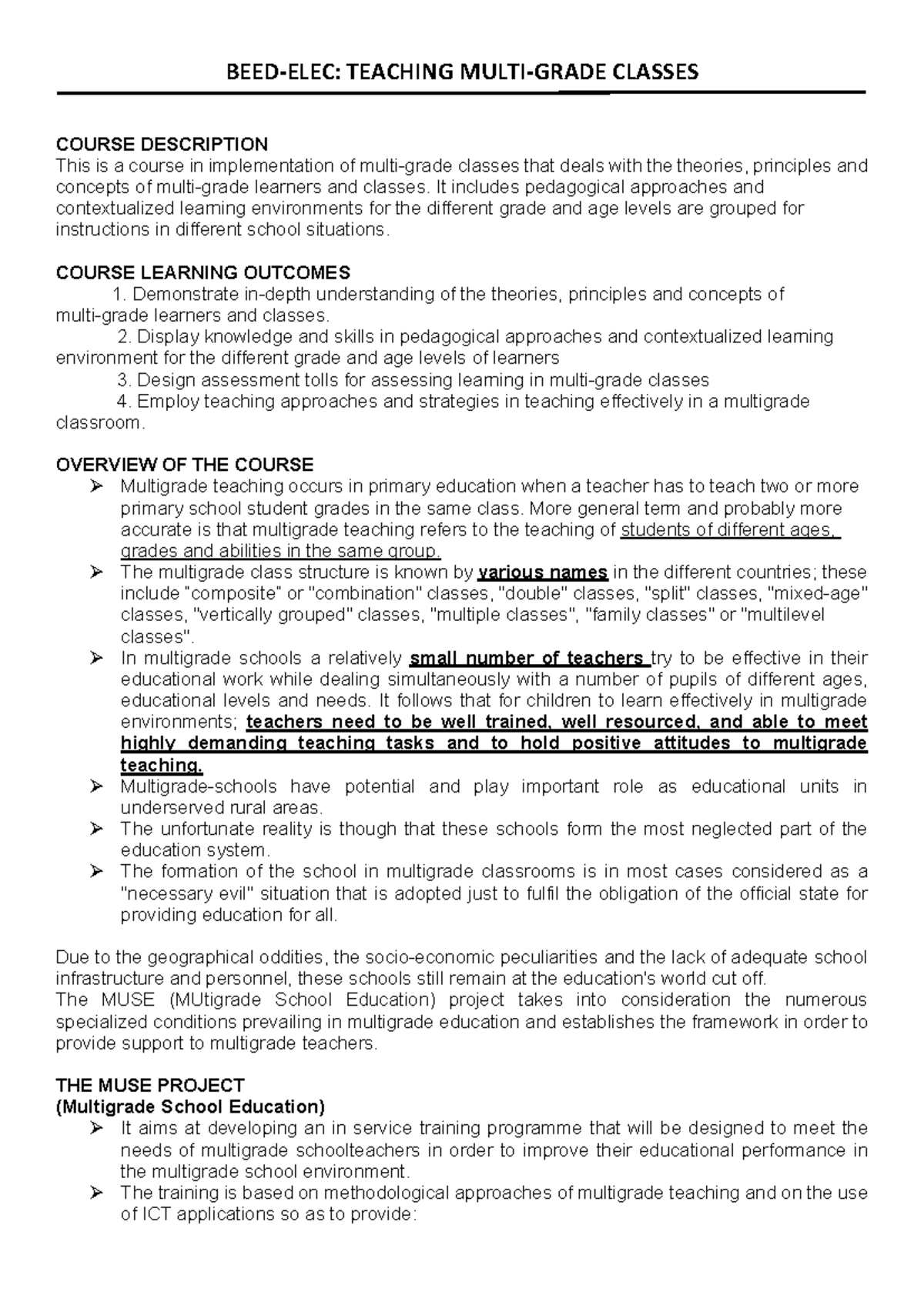 Teaching Multi-Grade Classes: Comprehensive Lecture Notes (EDU 205 ...