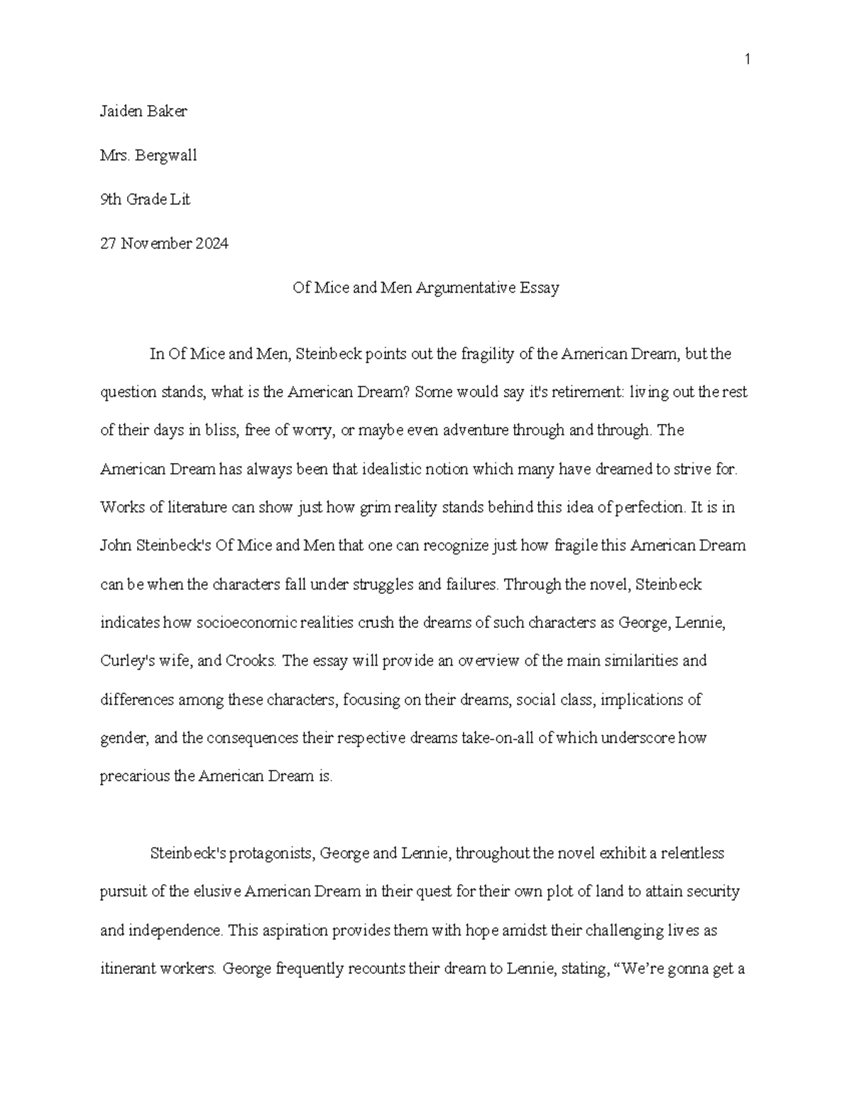 ENG 9 - Of Mice and Men Argumentative Essay on the American Dream - Studocu