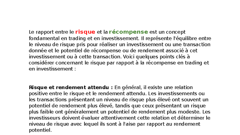 Risque et Récompense en Trading et Investissement: Concepts Clés - Studocu