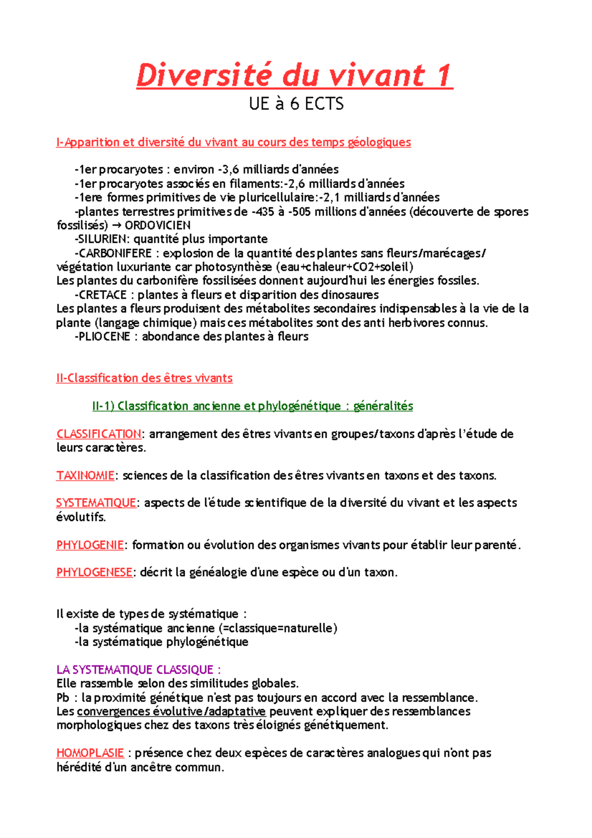 Cours Diversité des Êtres Vivants (UE 6 ECTS) - Notes et ...