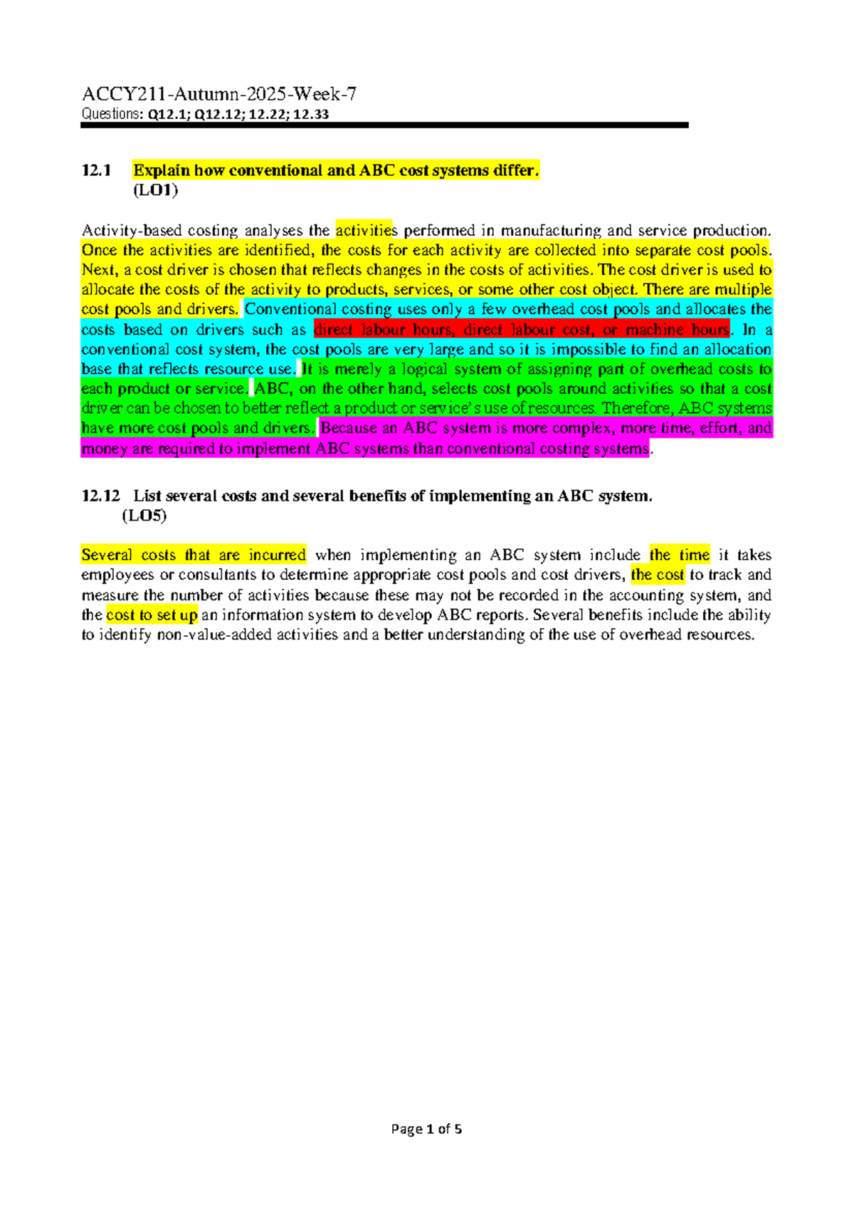ABC vs Conventional Costing: Differences, Costs, and Benefits (LO1, LO3 ...