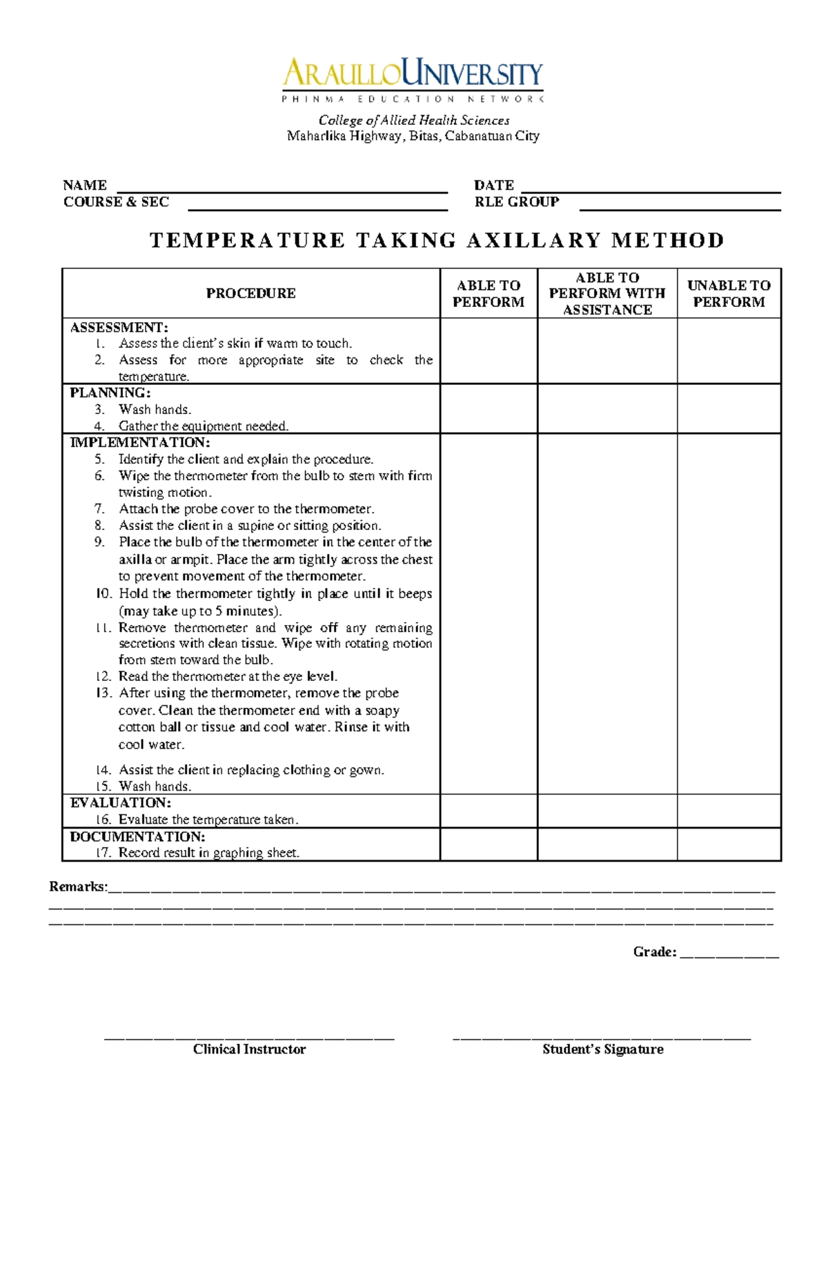return demonstration checklist - College of Allied Health Sciences ...