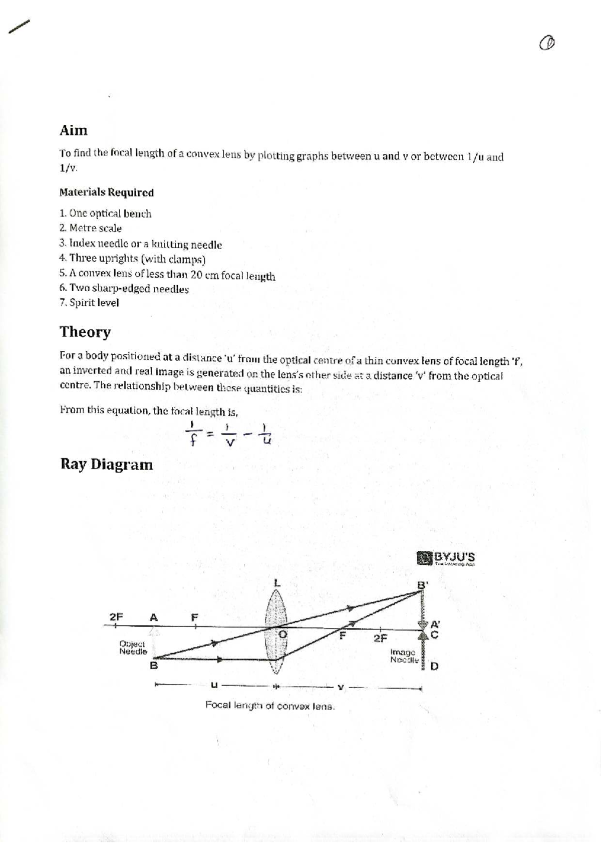 Experiment to Find Focal Length of Convex Lens (PHYS 101) - Studocu