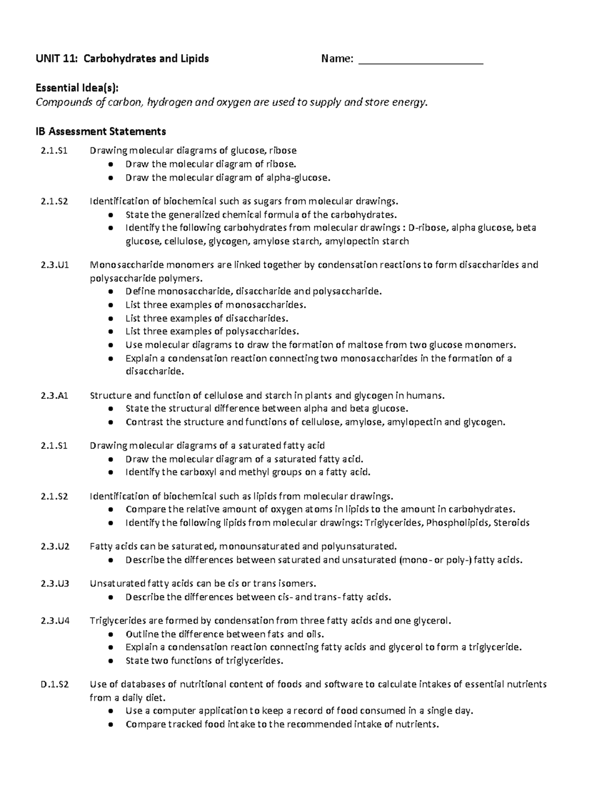 Unit 11: Carbs & Lipids Study Notes for Biology 101 Exam - Studocu