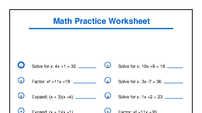 Math Practice Worksheet 2: Solving for x and Factoring - Studocu