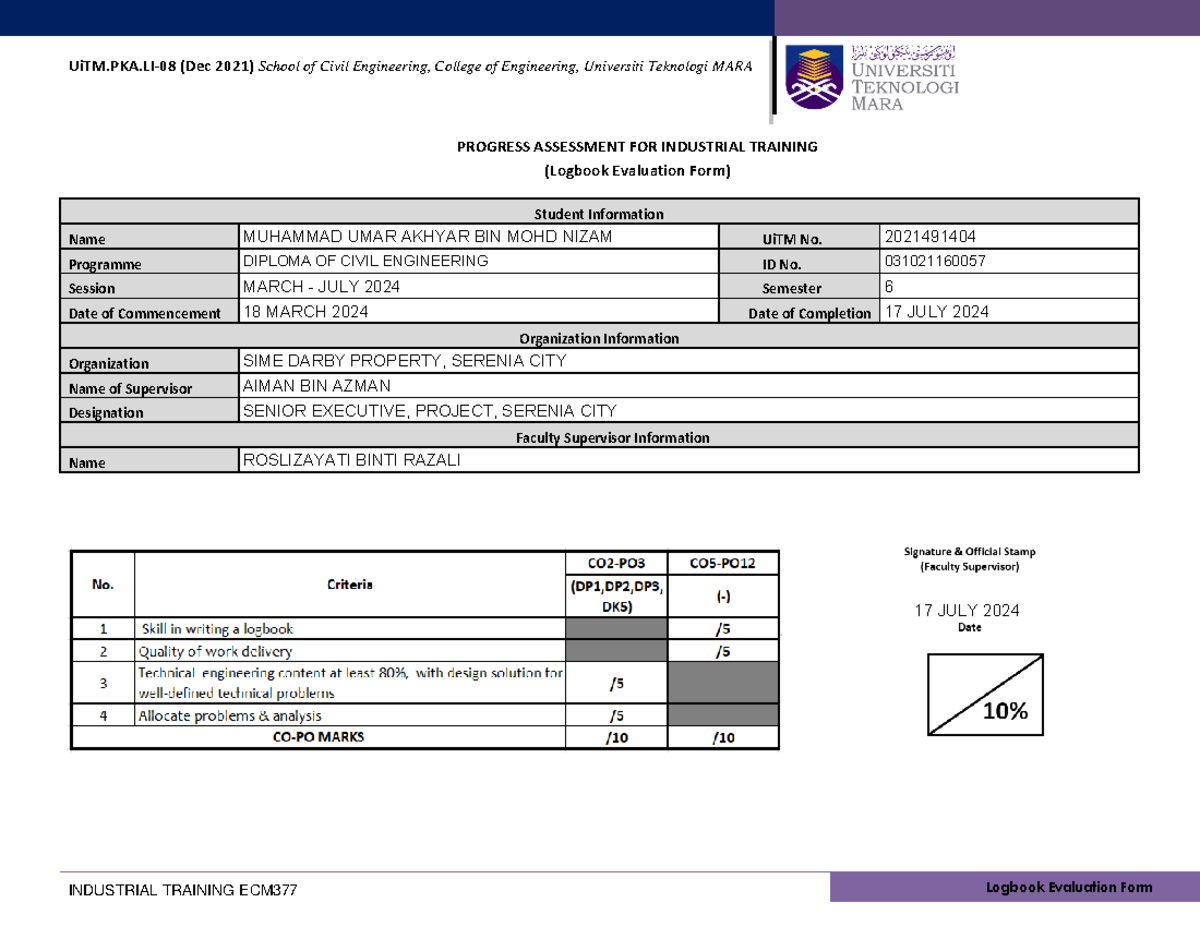 ECM377 Industrial Training Logbook Evaluation Form - 2024 - Studocu