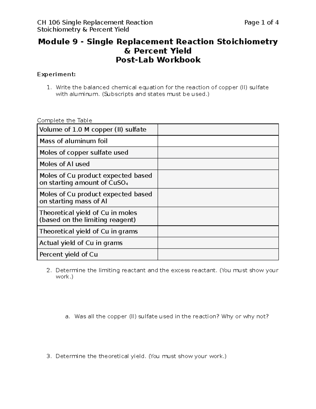 Module 9: Post-Lab Workbook on Stoichiometry & Percent Yield F23 - Studocu