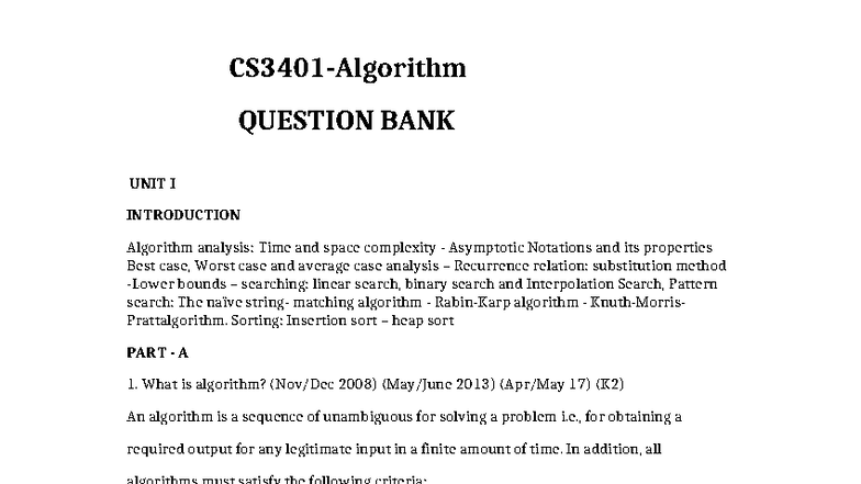 CS3401 Algorithms Question Bank: Analysis, Complexity, and Search ...