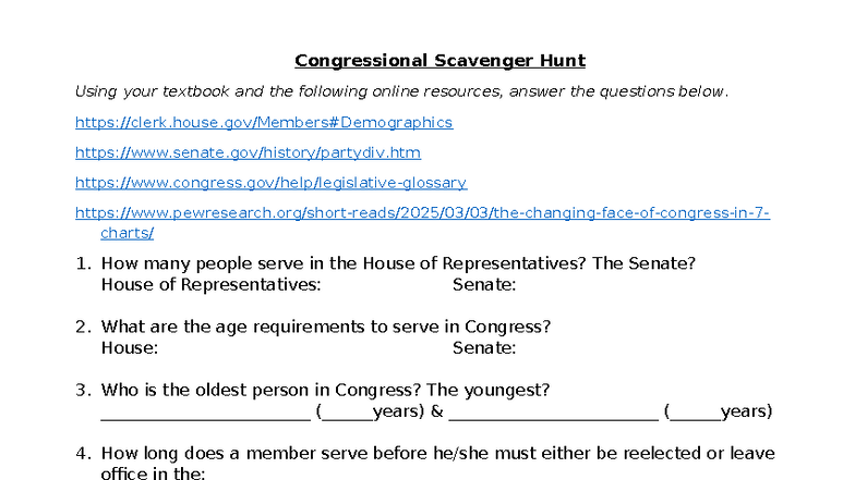 Congressional Scavenger Hunt: Exploring Congress Structure & Roles ...