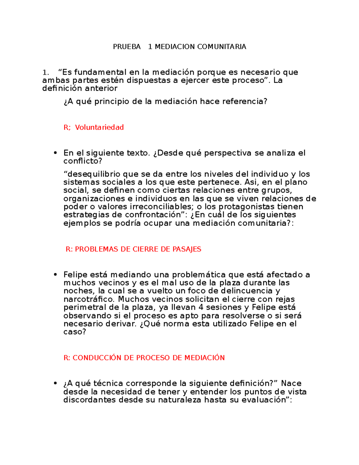 Prueba 1: Mediación Comunitaria y Principios Esenciales - Studocu