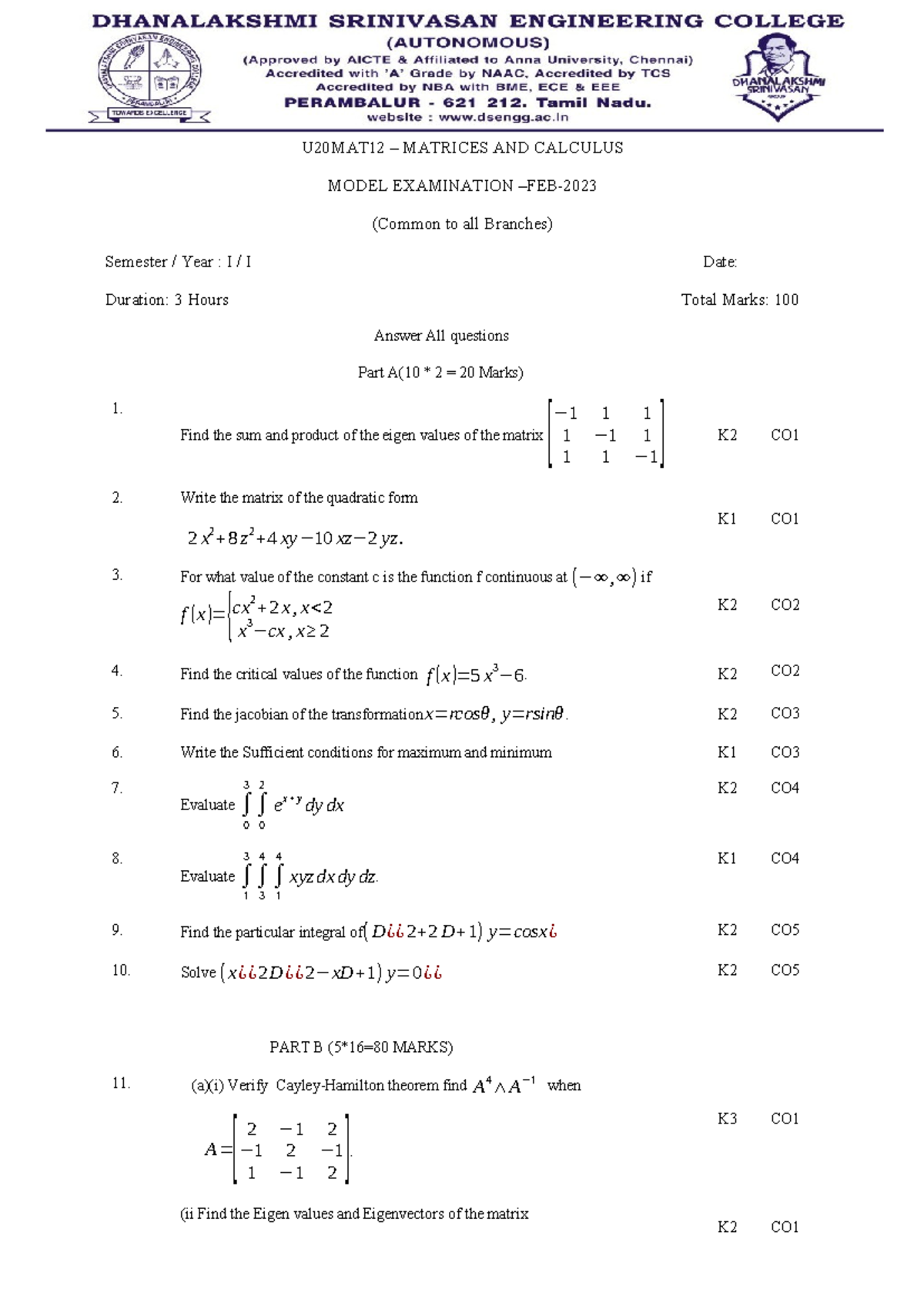 U20MAT12 MATRICES & CALCULUS MODEL EXAMINATION - SEM I - Studocu