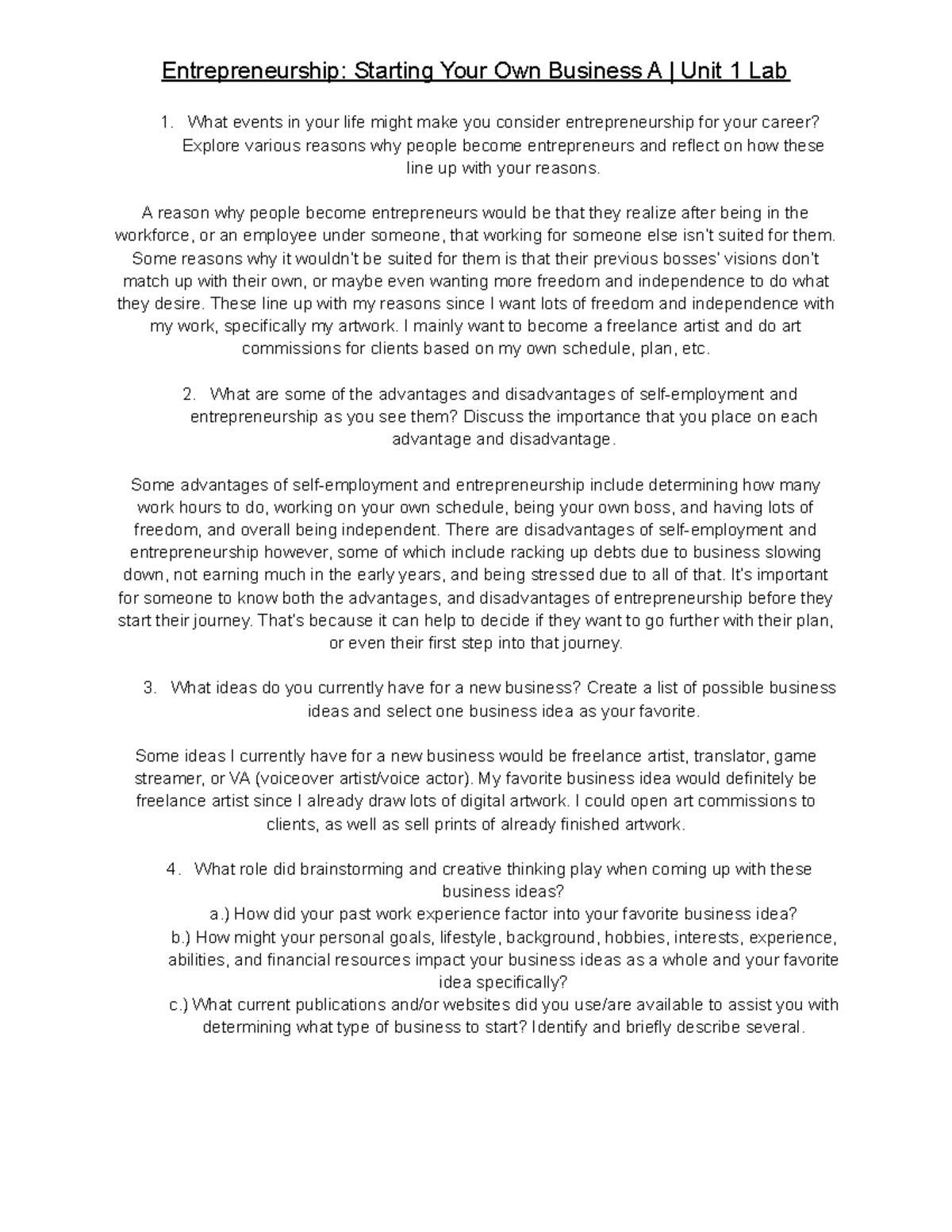 Unit 1 Lab: Entrepreneurship - Starting Your Own Business Insights ...