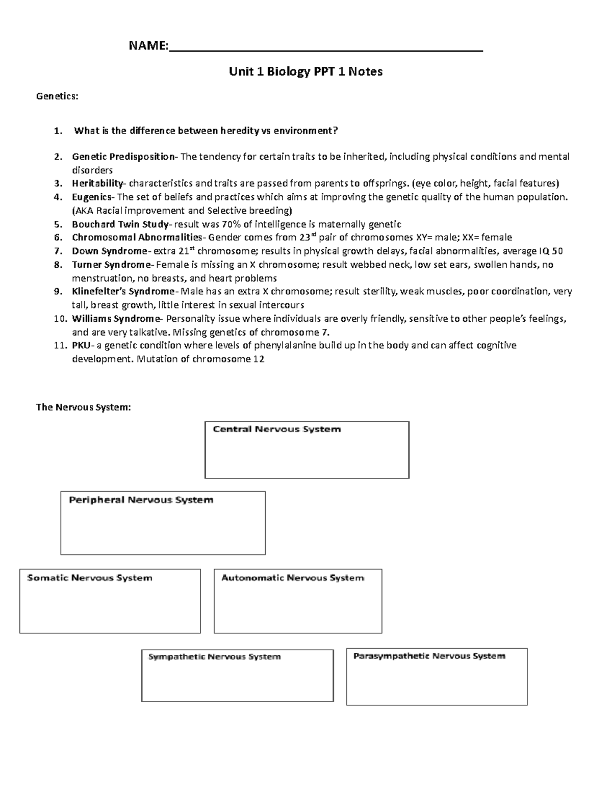 Unit 1 Biology PPT Notes: Genetics & Nervous System Overview - Studocu