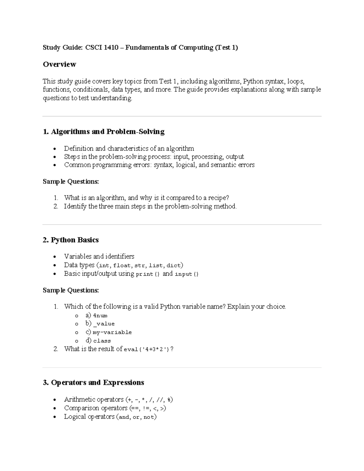 Study Guide for CSCI 1410: Fundamentals of Computing (Test 1) - Studocu