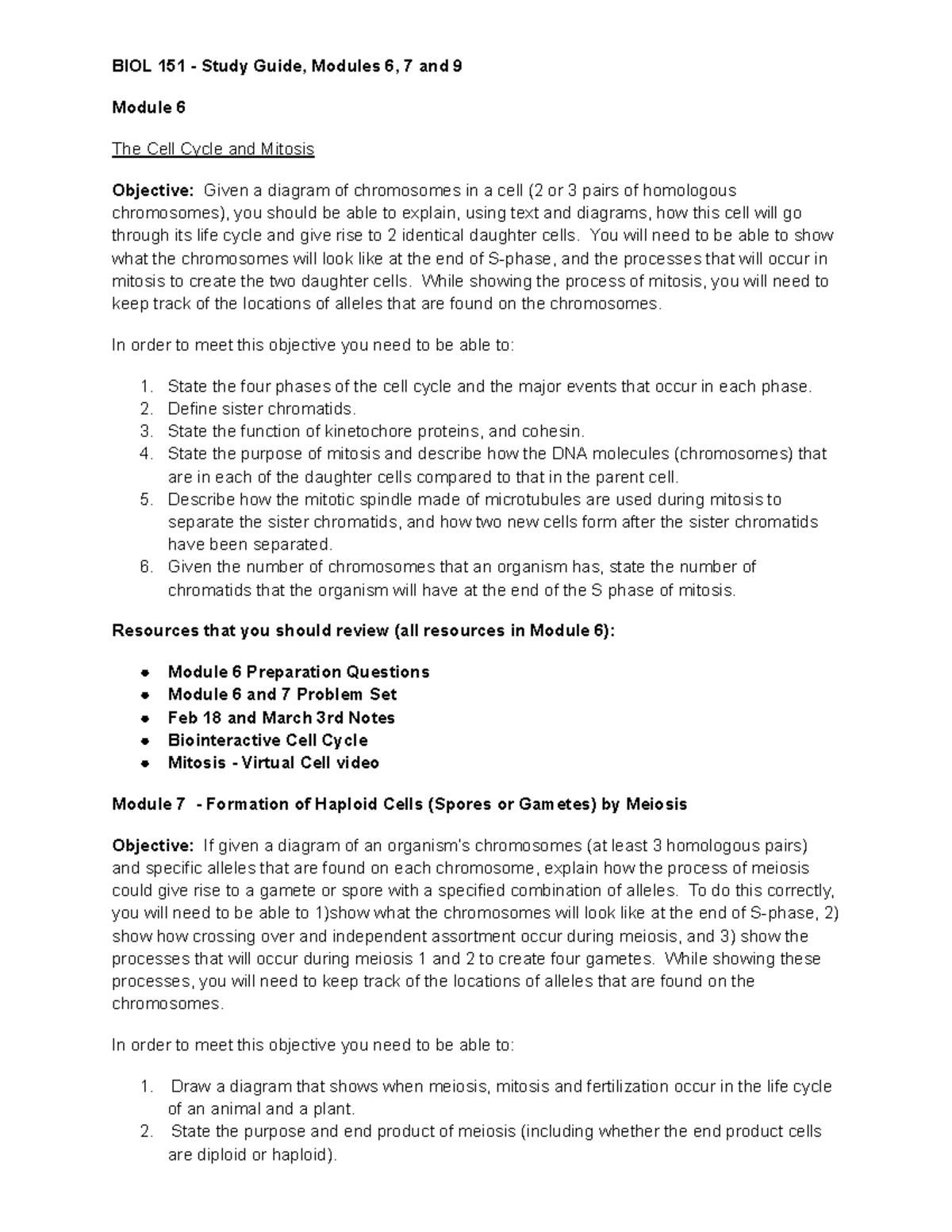 BIOL 151 - Study Guide, Modules 6, 7 and 9 - BIOL 151 - Study Guide ...
