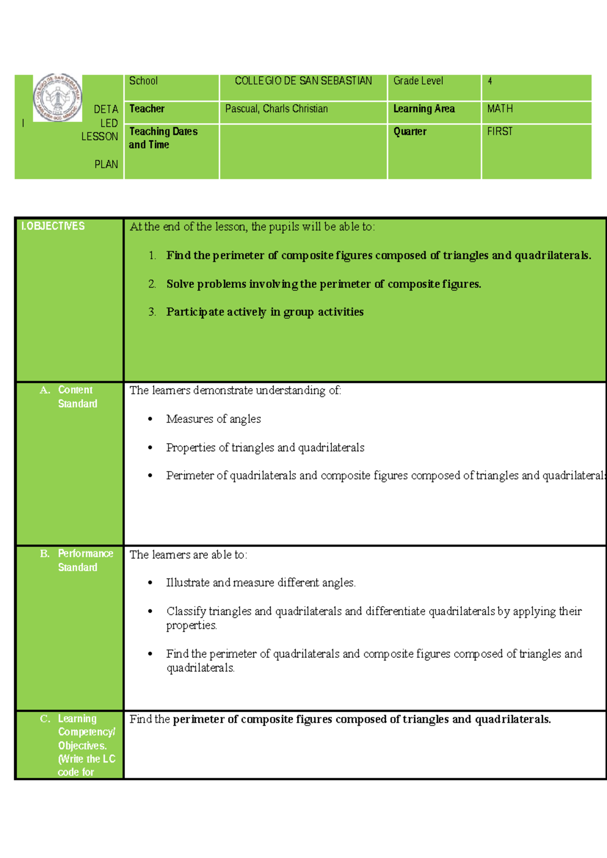 Detailed Lesson Plan: Math 4 - Finding Perimeter of Composite Figures ...