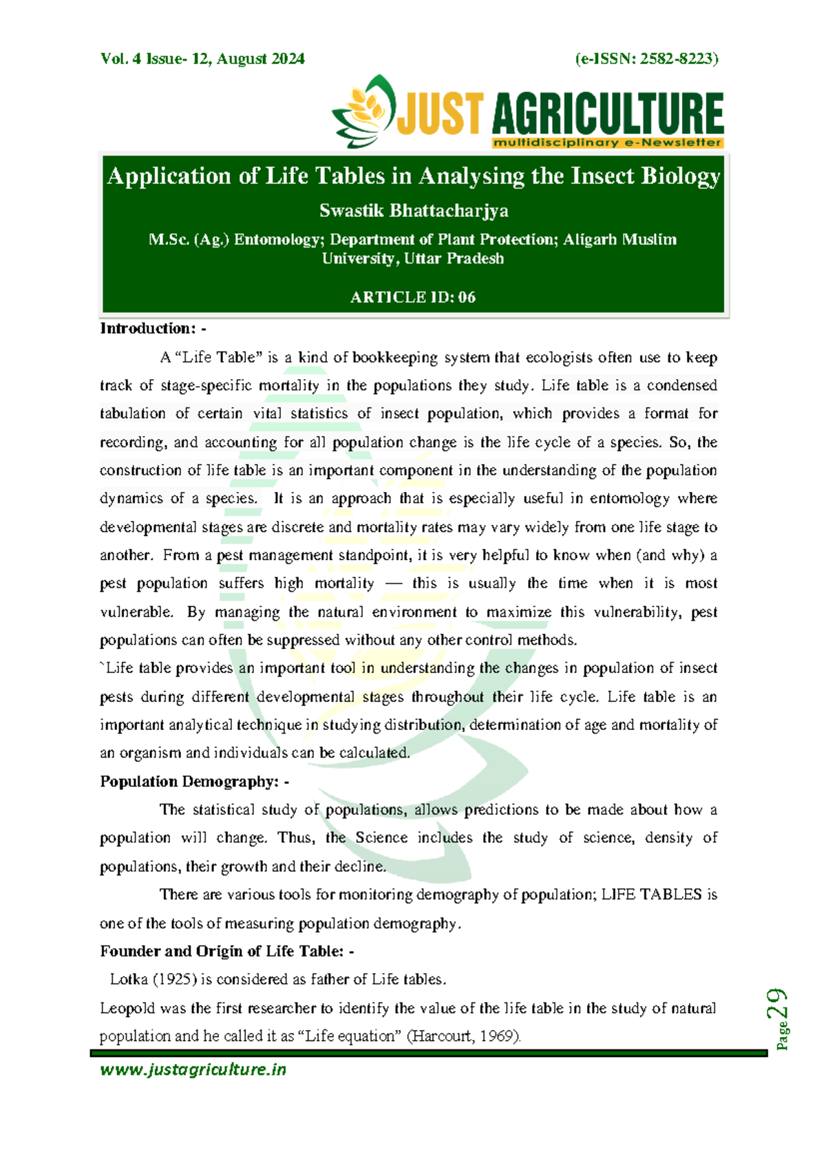 06 - Entomology Life Table Analysis and Insect Population Dynamics ...