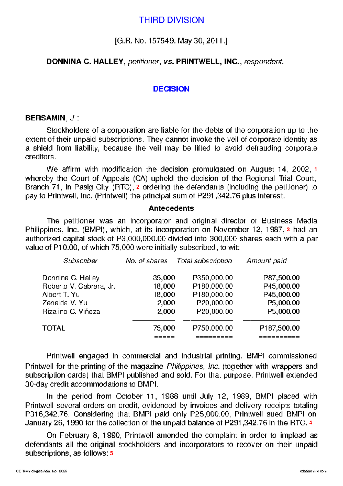 Halley v. Printwell, Inc. (G.R. No. 157549) - Corporate Liability ...