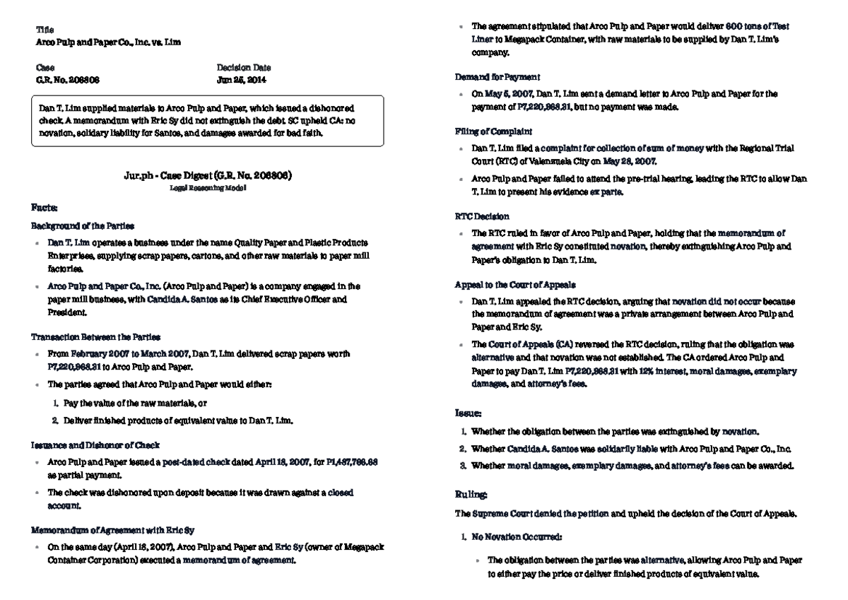 Arco Pulp and Paper Co., Inc. vs. Lim Case Digest (G.R. No. 206806 ...