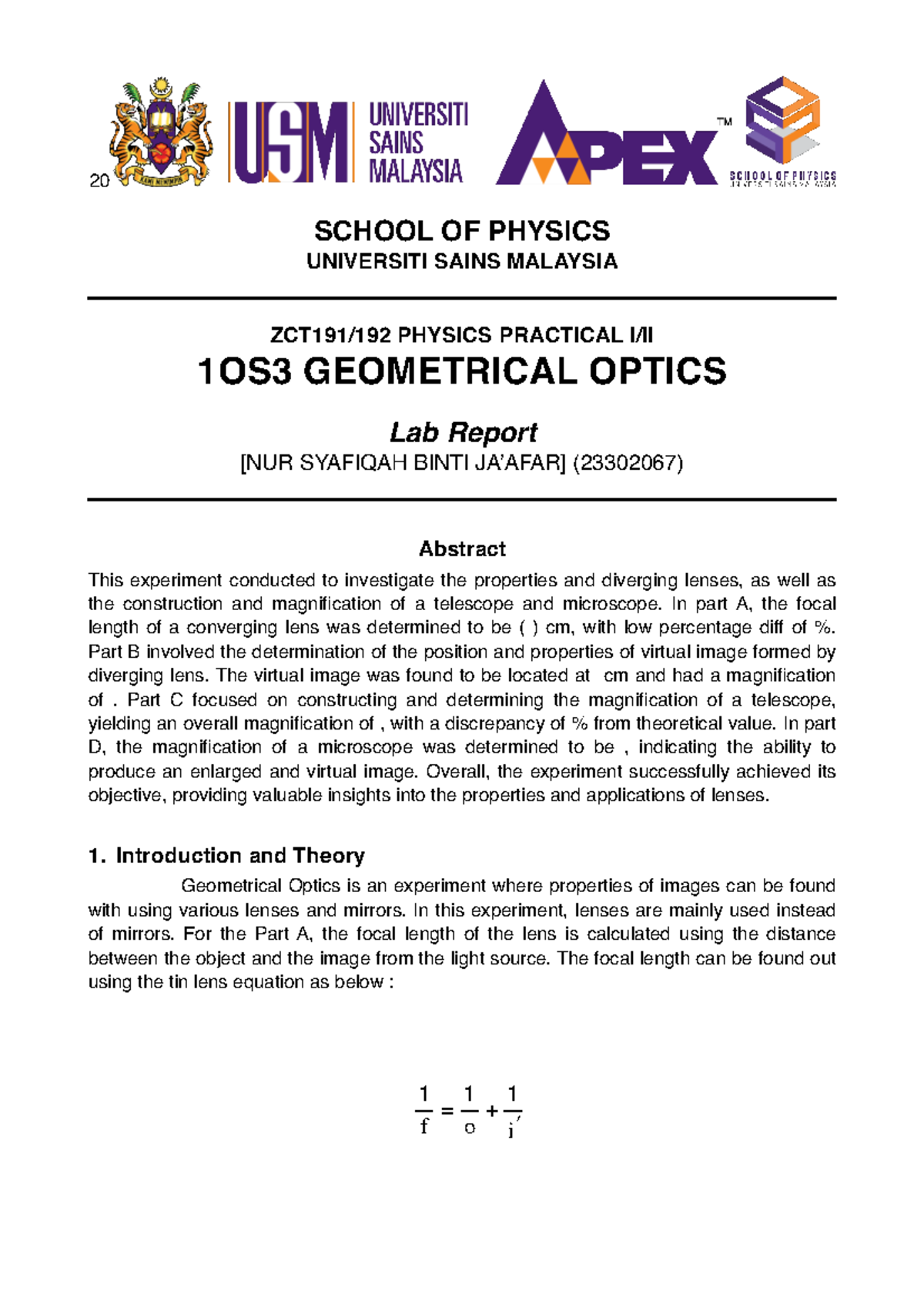 1OS3 Lab Report on Geometrical Optics: Lens Properties and Analysis - Studocu