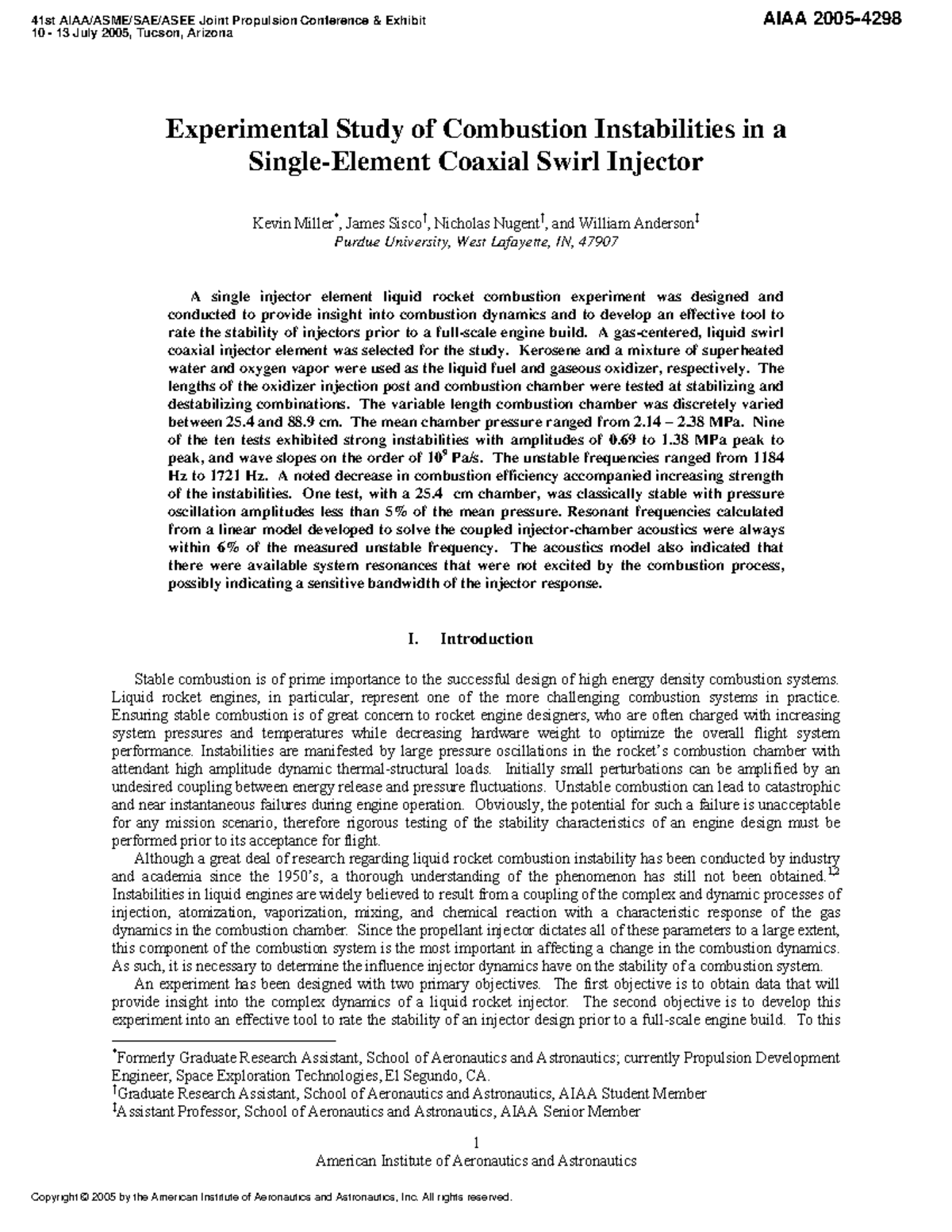 Experimental Study of Combustion Instabilities in AIAA 41st Joint ...