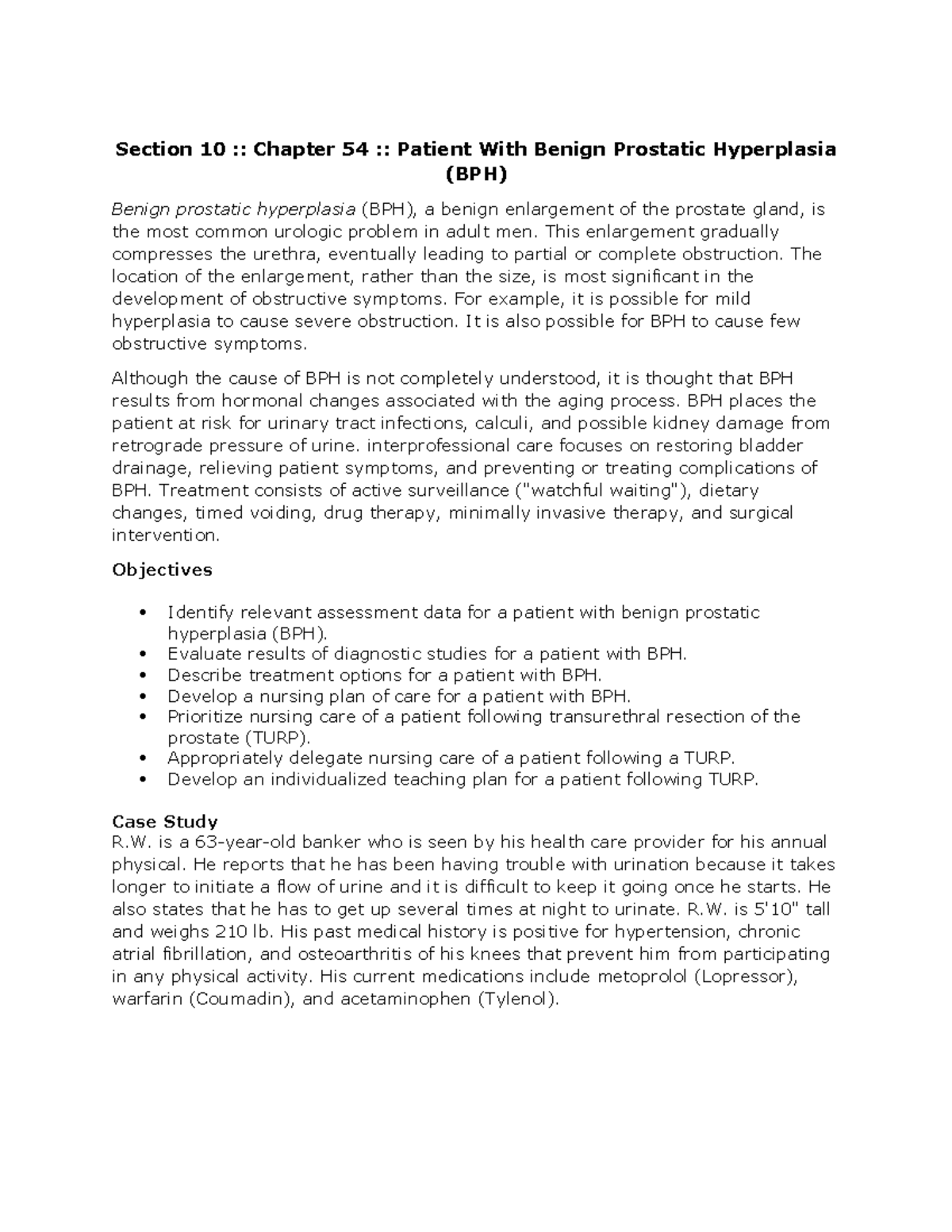 BPH Case Study Summary of Signs and symptoms - Section 10 :: Chapter 54 ...