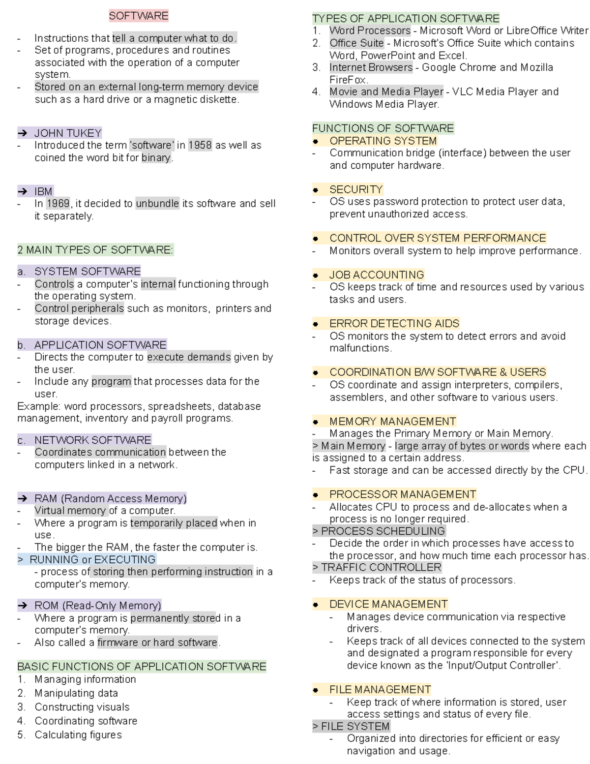 LIT Reviewer - Notes - SOFTWARE Instructions that tell a computer what ...