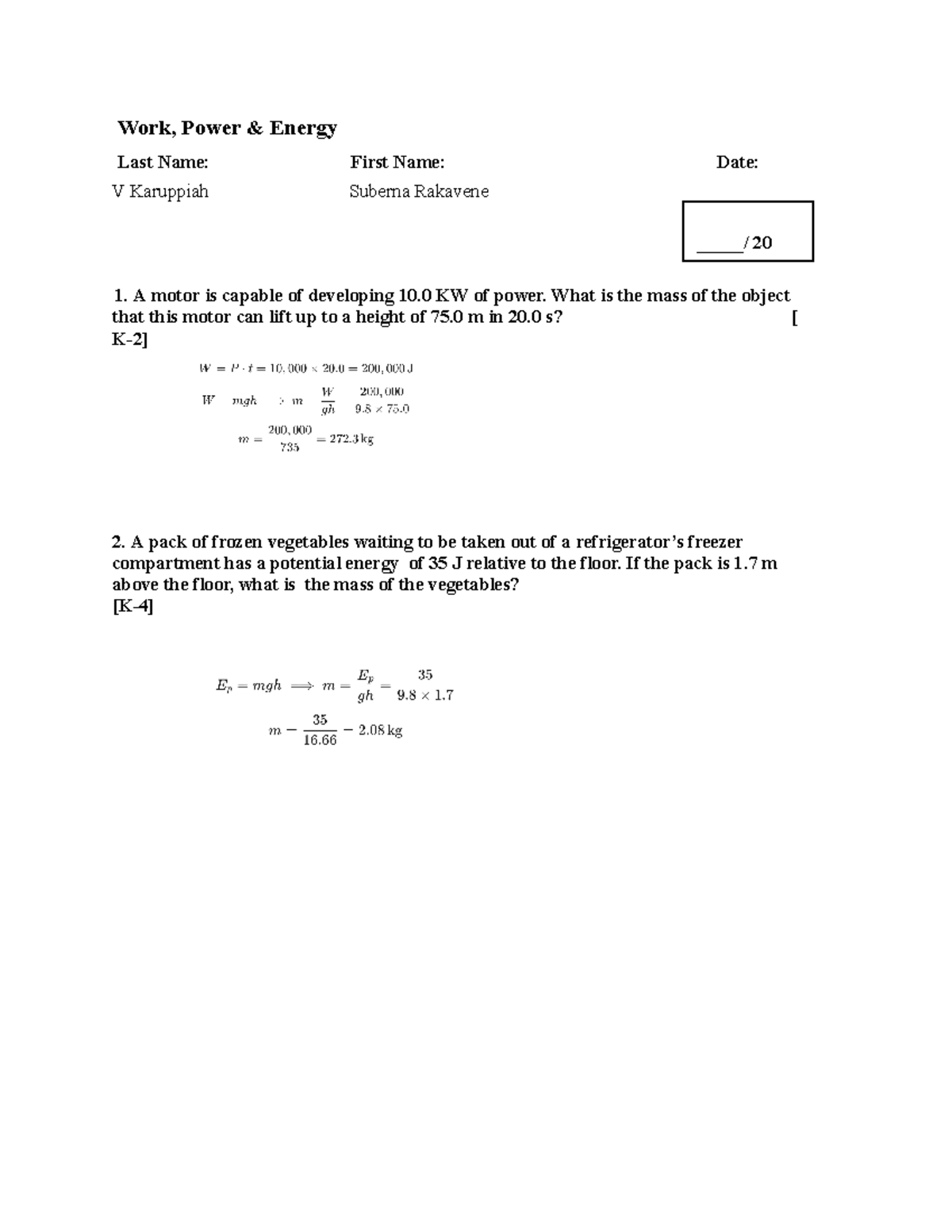 Assessment - Work, Power & Energy Questions and Concepts - Studocu