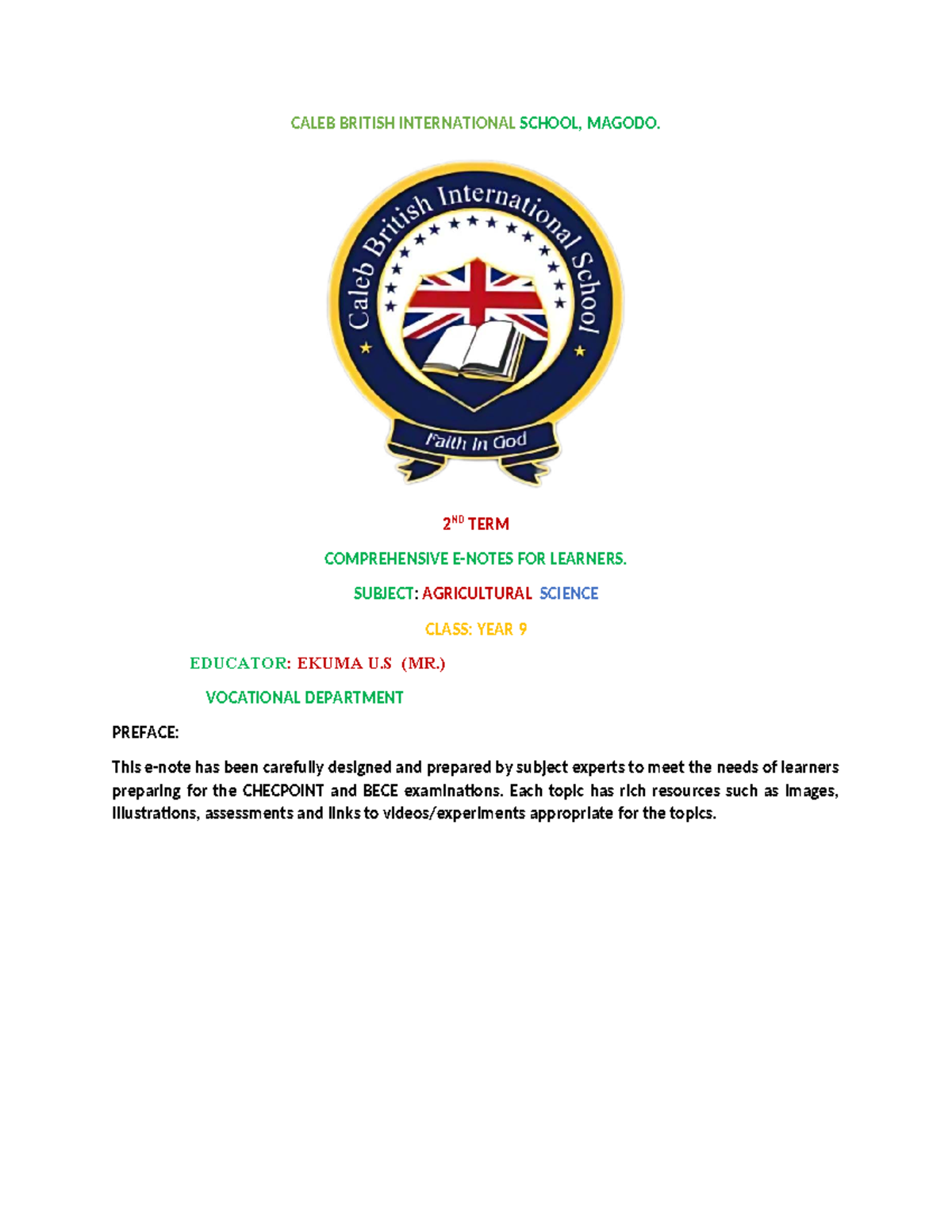YEAR 9 AGRICULTURAL SCIENCE 2ND TERM E-NOTE 2026 - Studocu